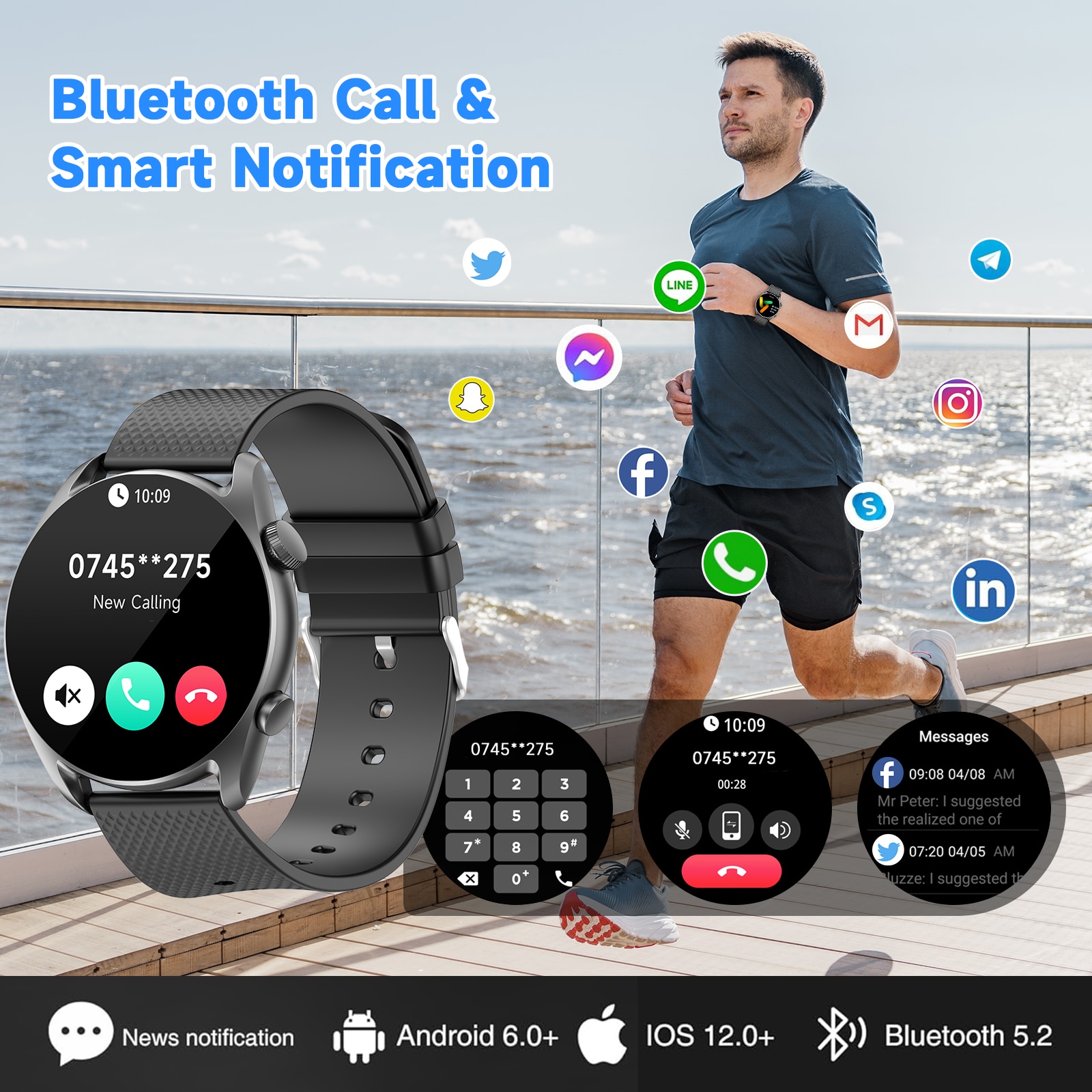 Ceas Smartwatch, Techmoon®, Fitness, Sport, Apel Bluetooth, Ecran Touch ...