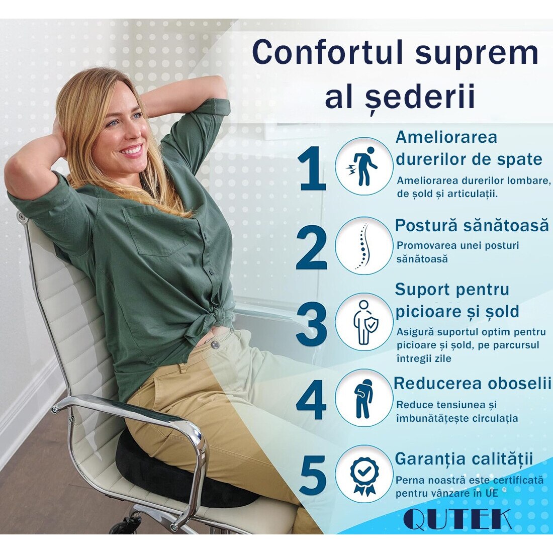 Perna ortopedica sezut QUTEK®️, din spuma cu memorie si gel, Coccis ...