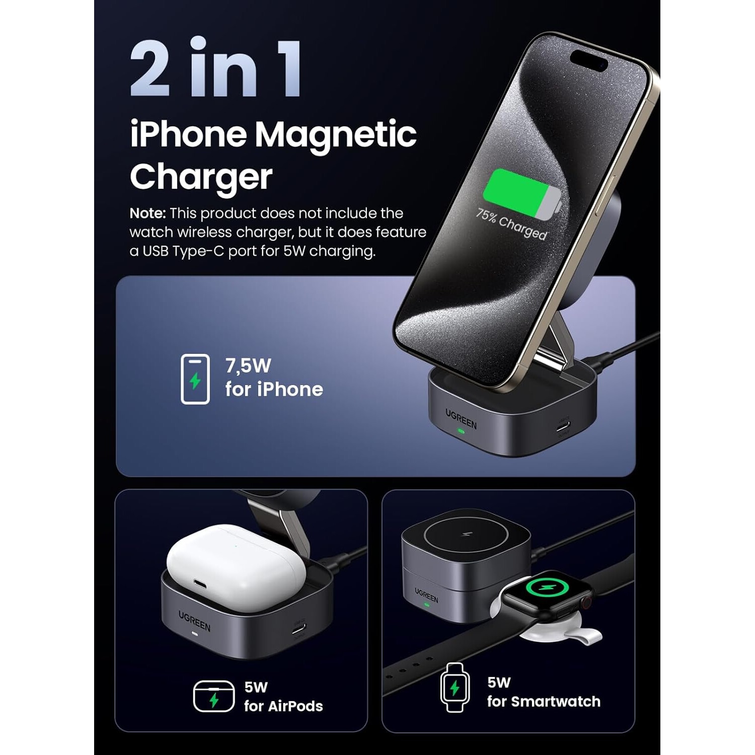 Statie de Incarcare Wireless Pliabila 2-in-1 UGREEN, MagSafe, 15W, Qi ...
