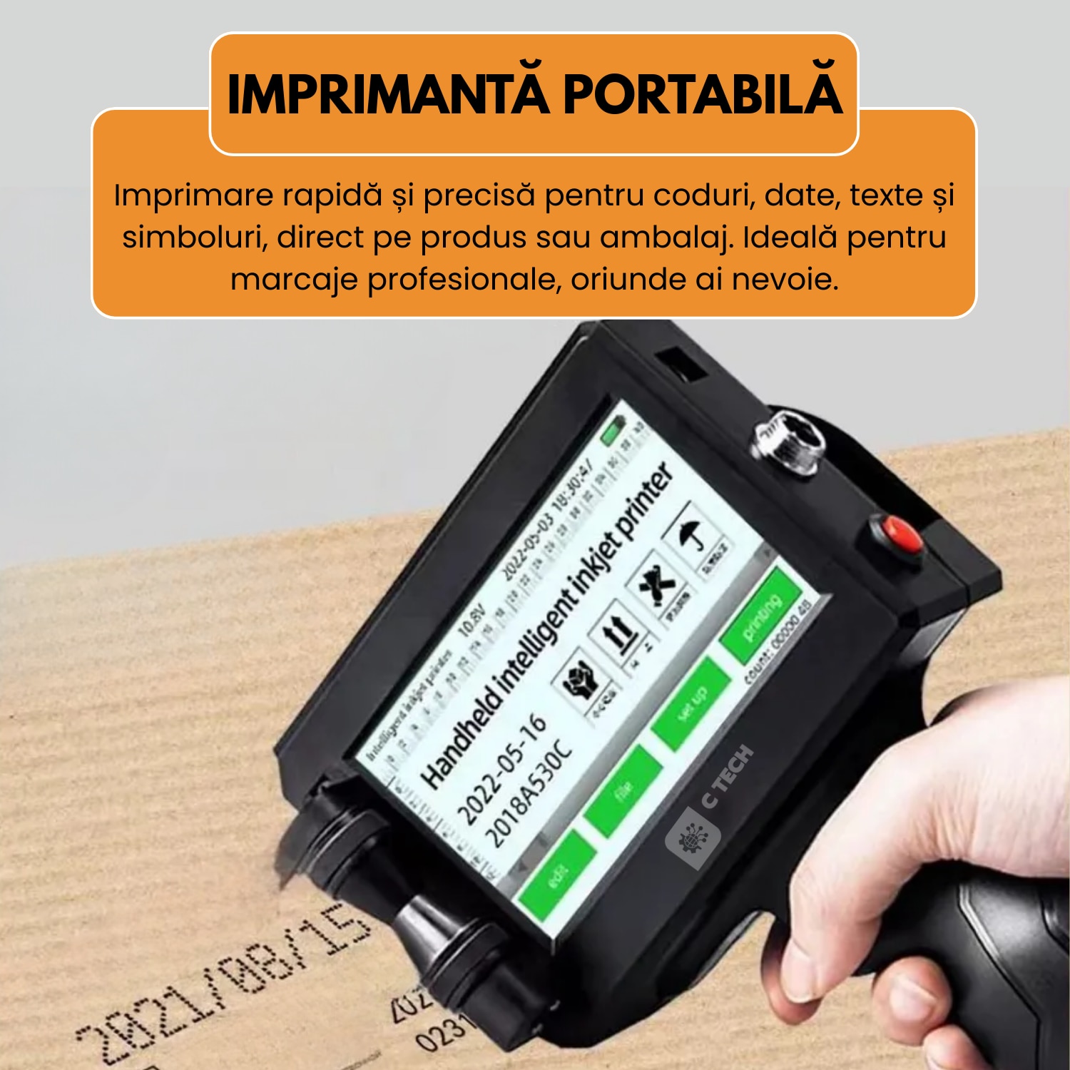Imprimanta portabila C Tech® Inkjet, tip pistol, Dimensiune imprimare 1 ...