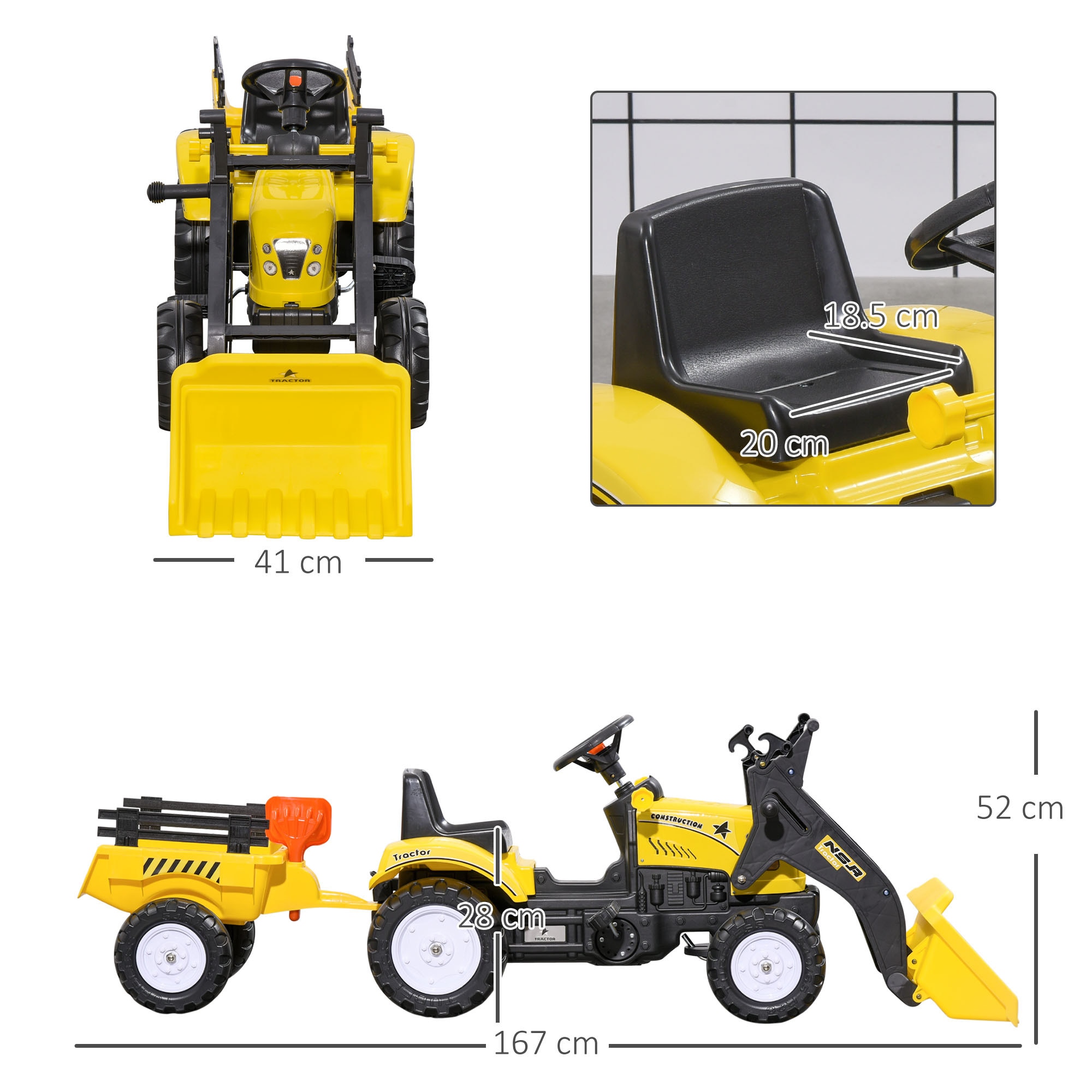 Excavator pentru copii, HOMCOM, 3 ani, cu buldozer frontal si remorca ...