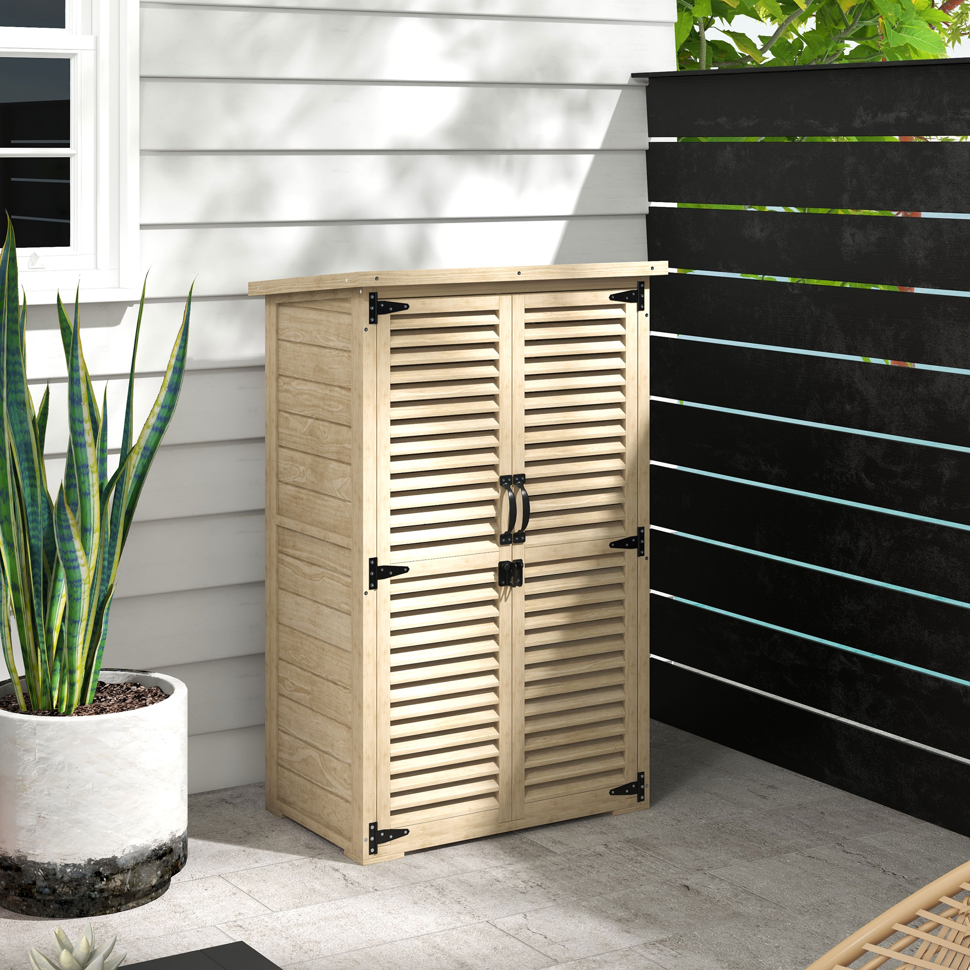 Dulap de gradina Outsunny, lemn de brad cu 2 rafturi, 75x50x111/118 cm ...