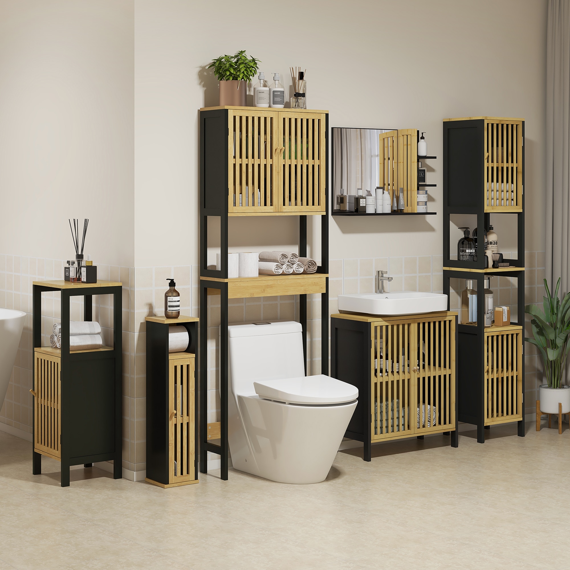 Mobilier baie vertical HOMCOM, 2 usi, bambus, 60x21.5x172cm, bej/negru ...