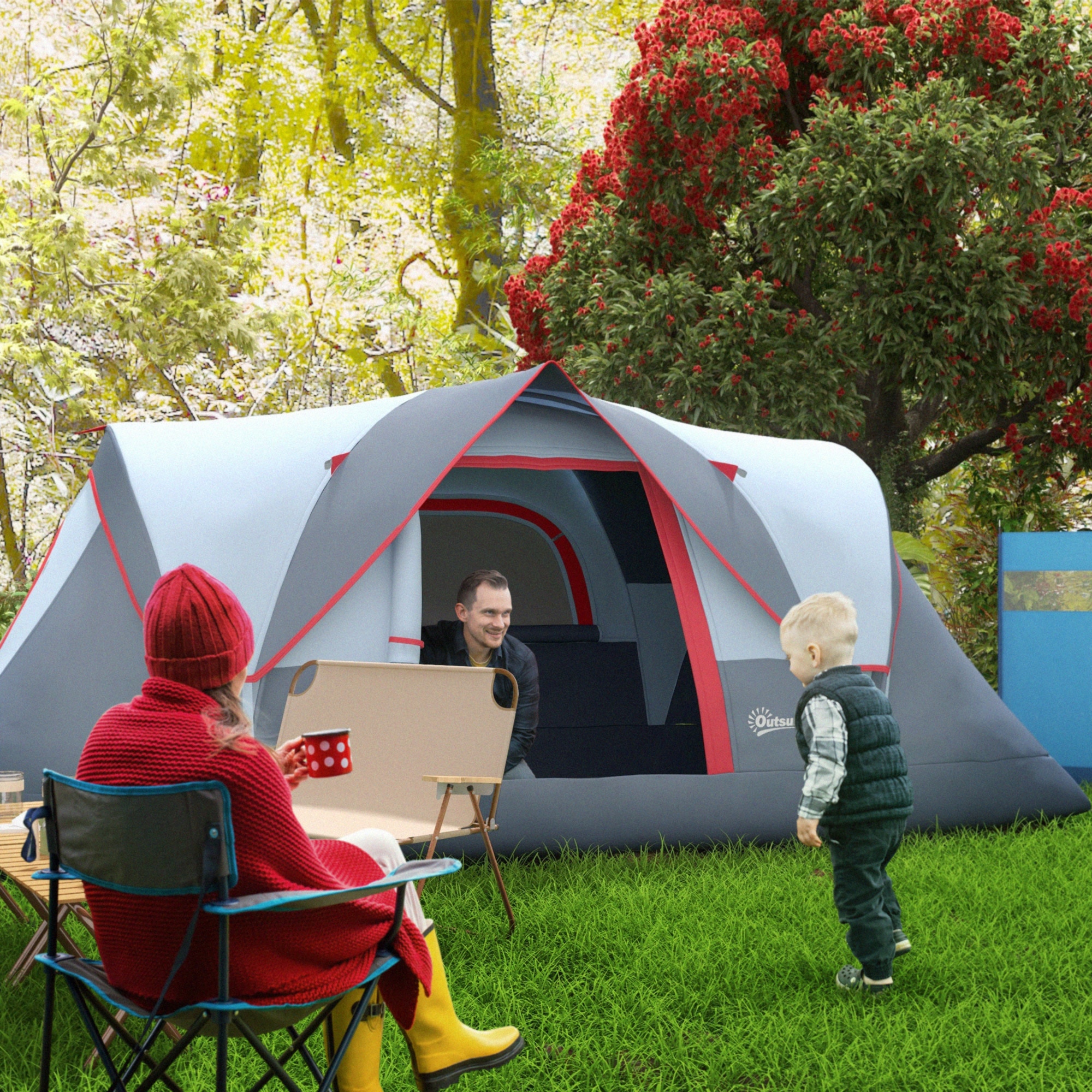 Cort camping Outsunny, 6 persoane, fibra de sticla, 4.55x2.3x1.8m, Gri ...