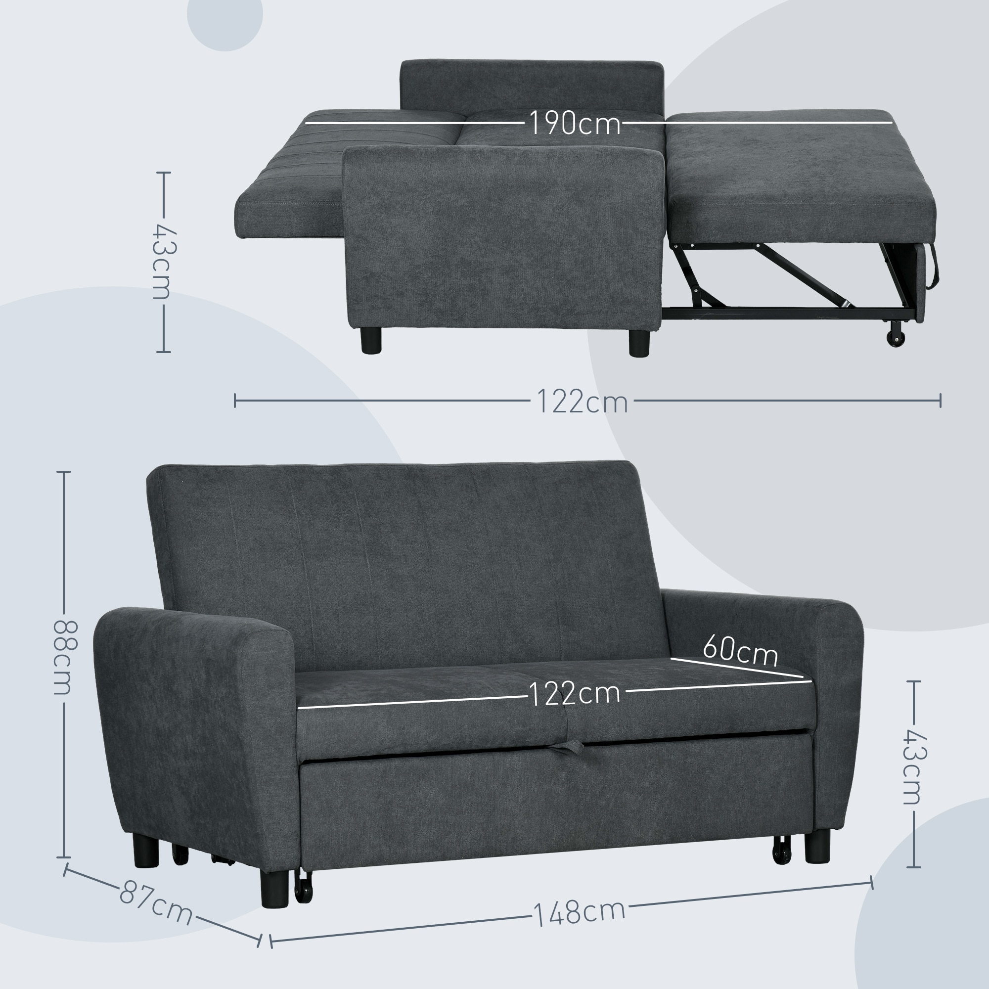 Canapea extensibila HOMCOM, 2 locuri cu 2 perne, material captusit cu ...