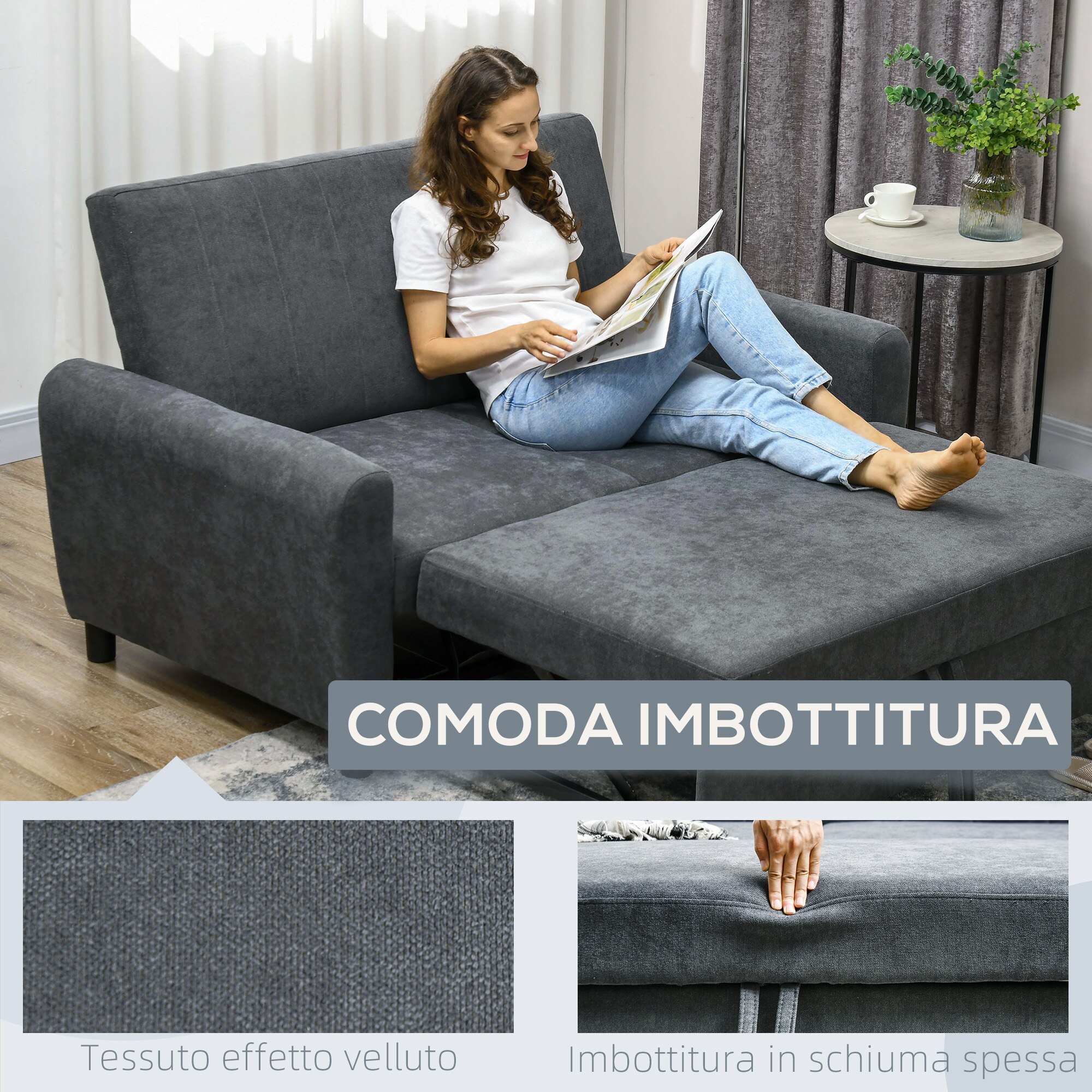 Canapea extensibila HOMCOM, 2 locuri cu 2 perne, material captusit cu ...