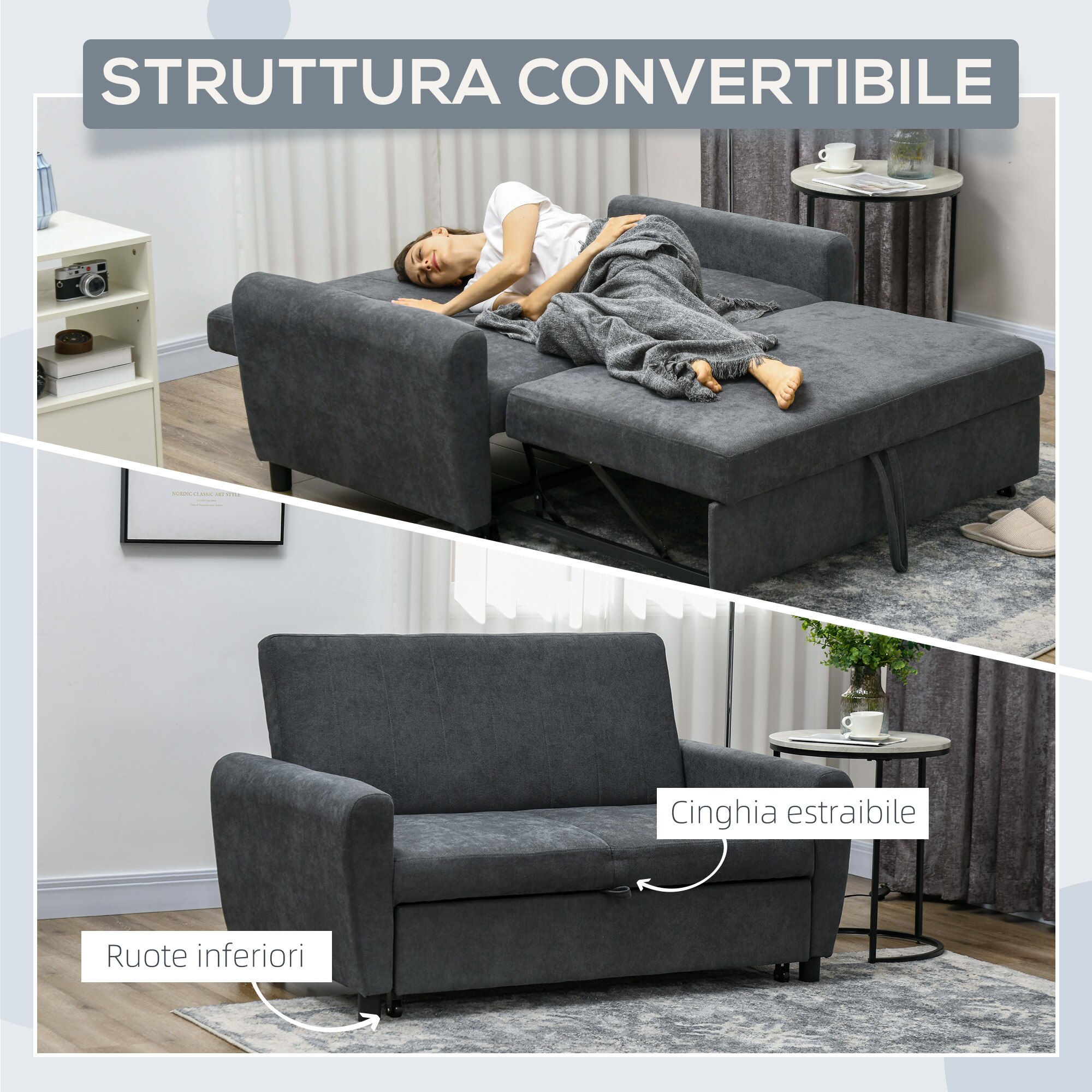 Canapea extensibila HOMCOM, 2 locuri cu 2 perne, material captusit cu ...