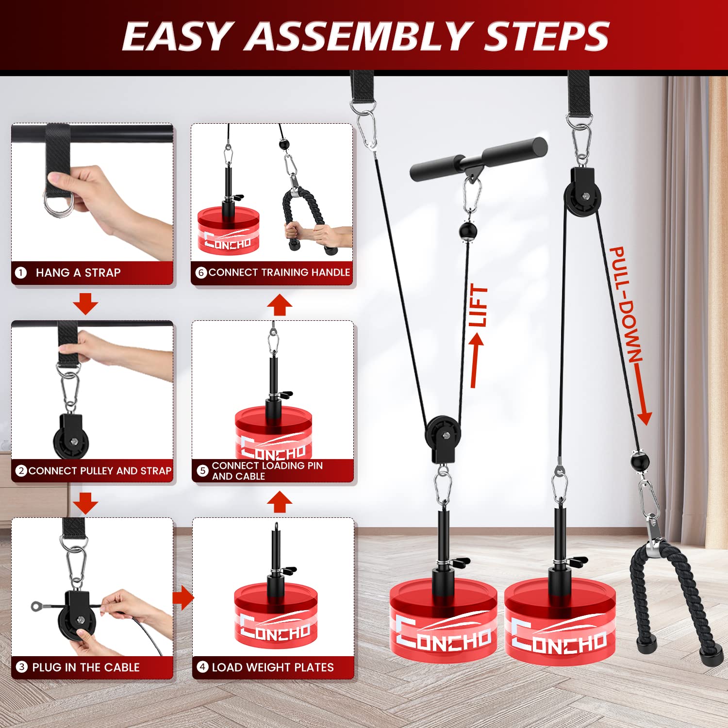 Sistem de pully pentru greutati, WALALLA, set fitness cu 3 manere ...
