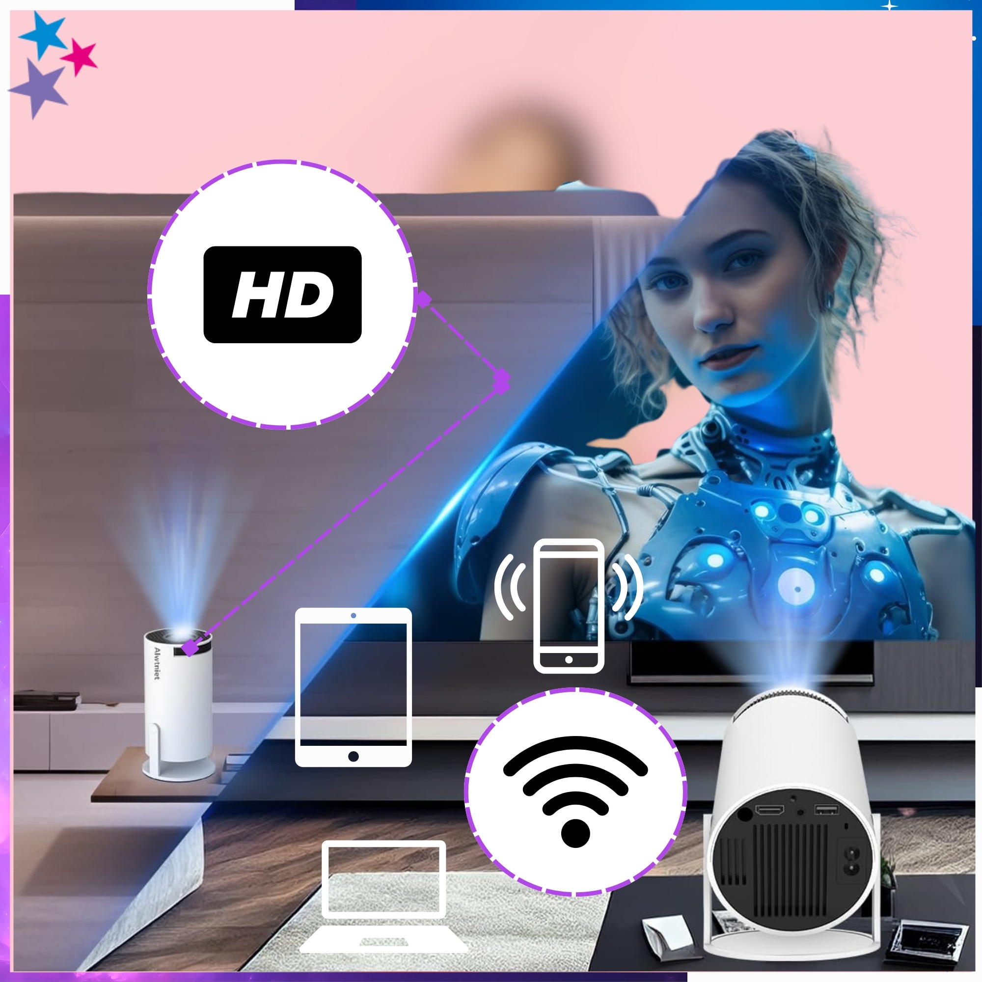 Videoproiector Smart LED portabil GALAXIA® cu Android 12, Wi-Fi 6, BT 5 ...