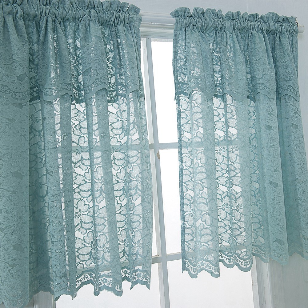 Perdea scurta din dantela albastra, 74x90cm, material de calitate ...