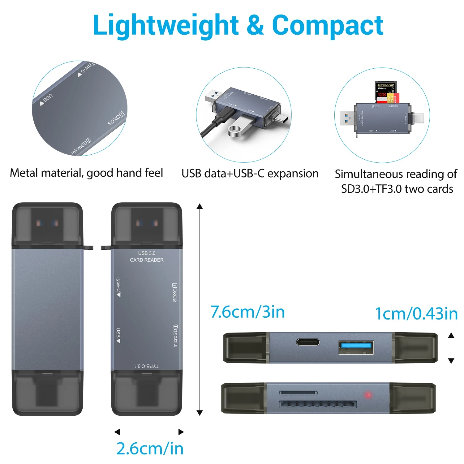 Cititor carduri 6 in 1 de mare viteza, USB-A 3.0 si USB-C 3.1 la ...