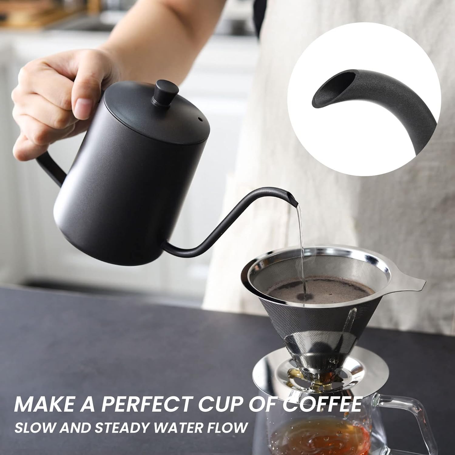 Ibric pentru cafea Pour Over, Crrkty, inox, design cu gat lung, Ibric ...