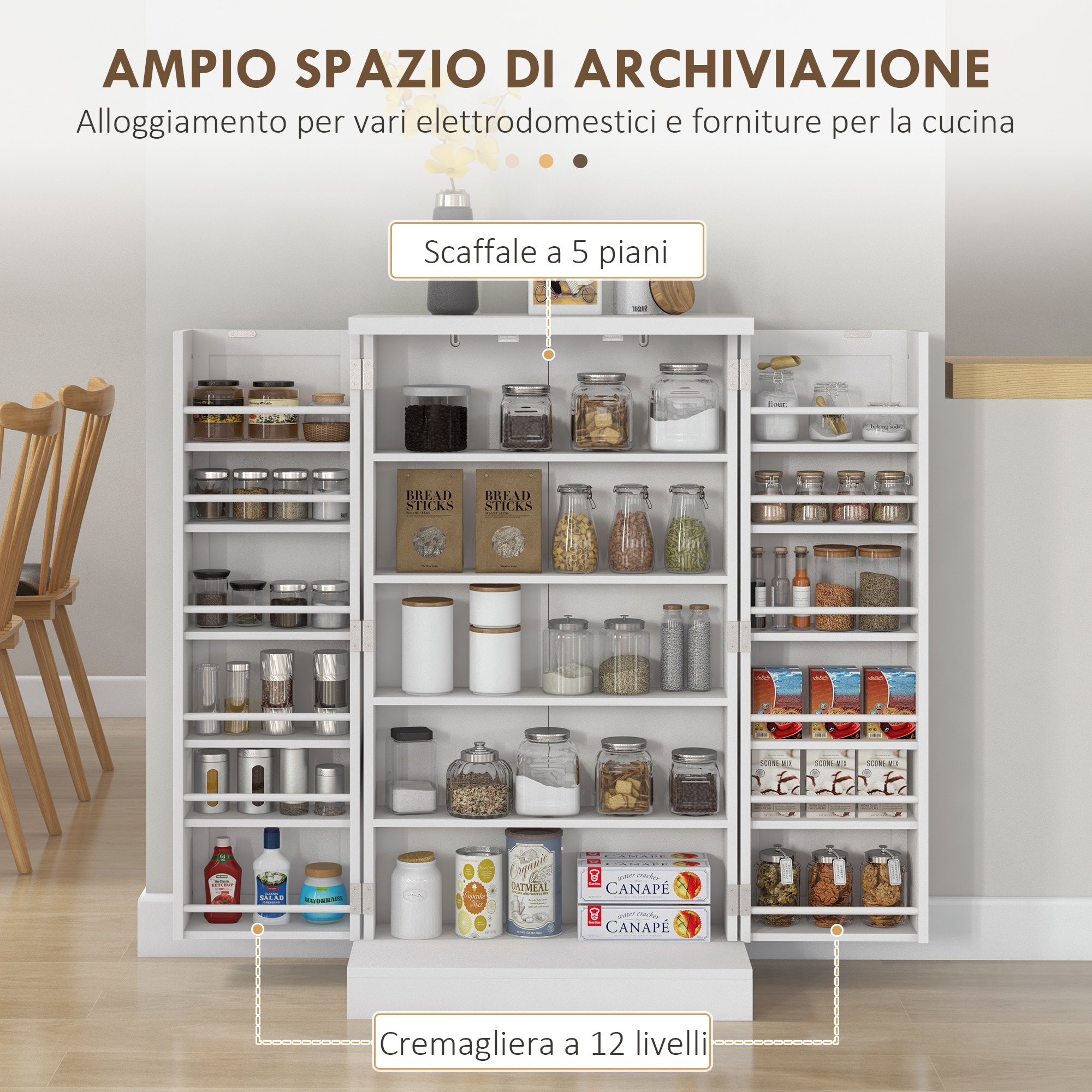 Bufet bucatarie, Homcom, MDF, 5 niveluri, 2 rafturi reglabile, alb ...