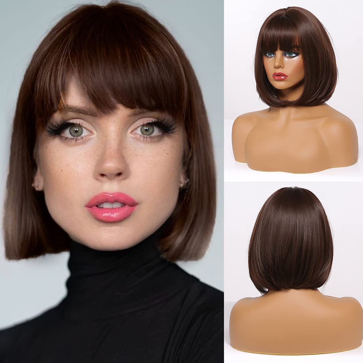 Peruca scurta pentru femei, bob cu breton, lungime 28 cm, culoare maro ...
