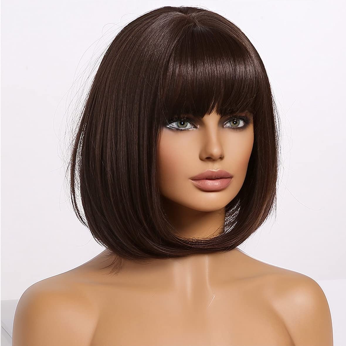 Peruca scurta pentru femei, bob cu breton, lungime 28 cm, culoare maro ...