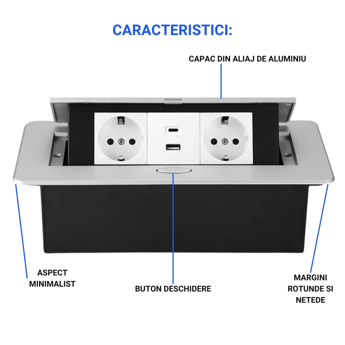 Priza Incorporabila in mobilier, ATOMKIT, 2 Prize Schuko, USB A+C ...