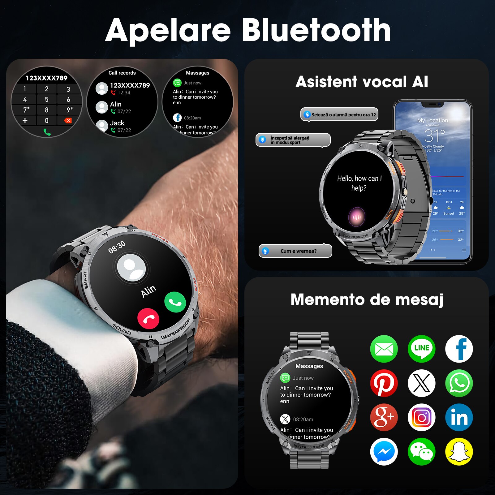 Ceas Smartwatch, Mingtawn, Model K68, ecran de 1, 85 inch, Bluetooth ...