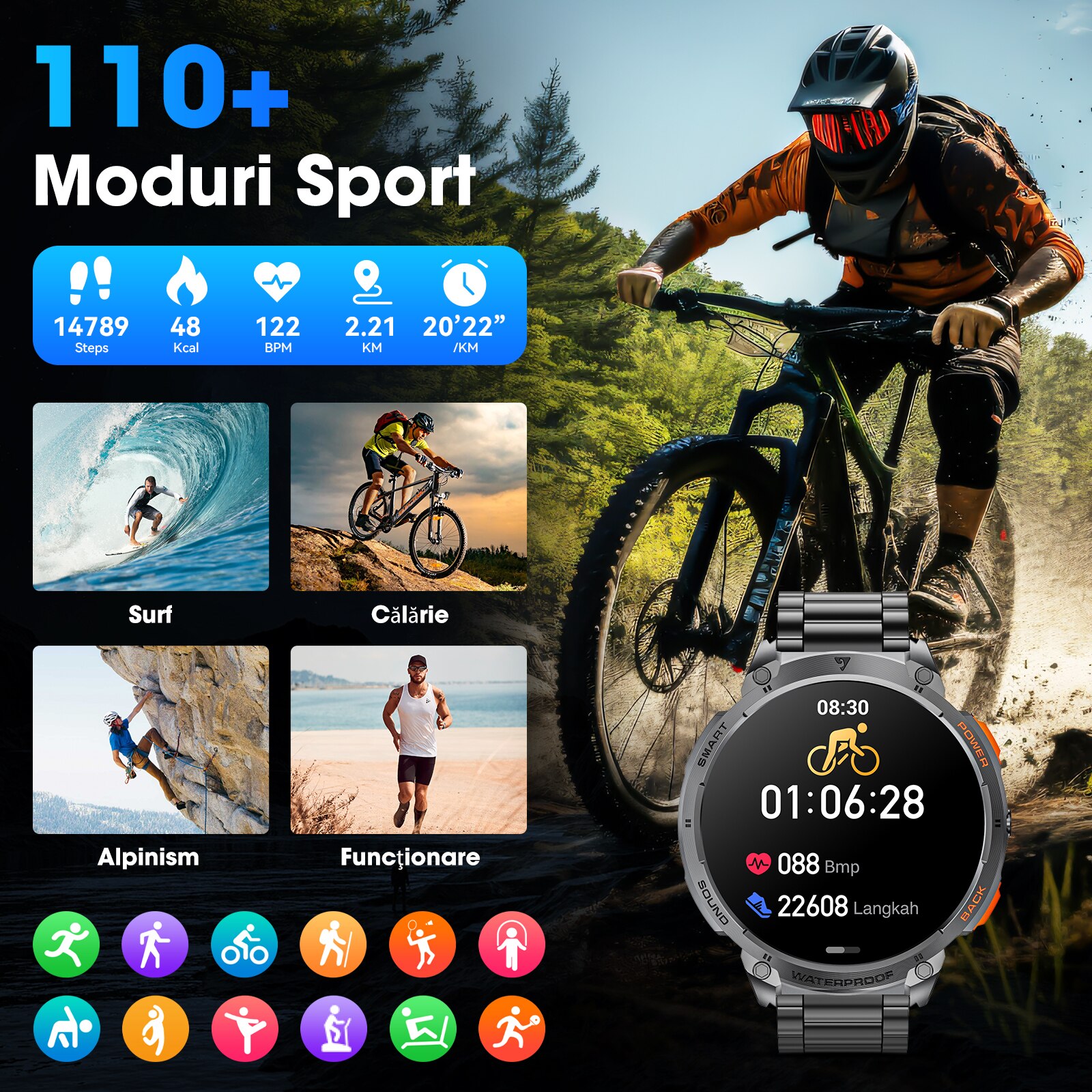 Ceas Smartwatch, Mingtawn, Model K68, ecran de 1, 85 inch, Bluetooth ...