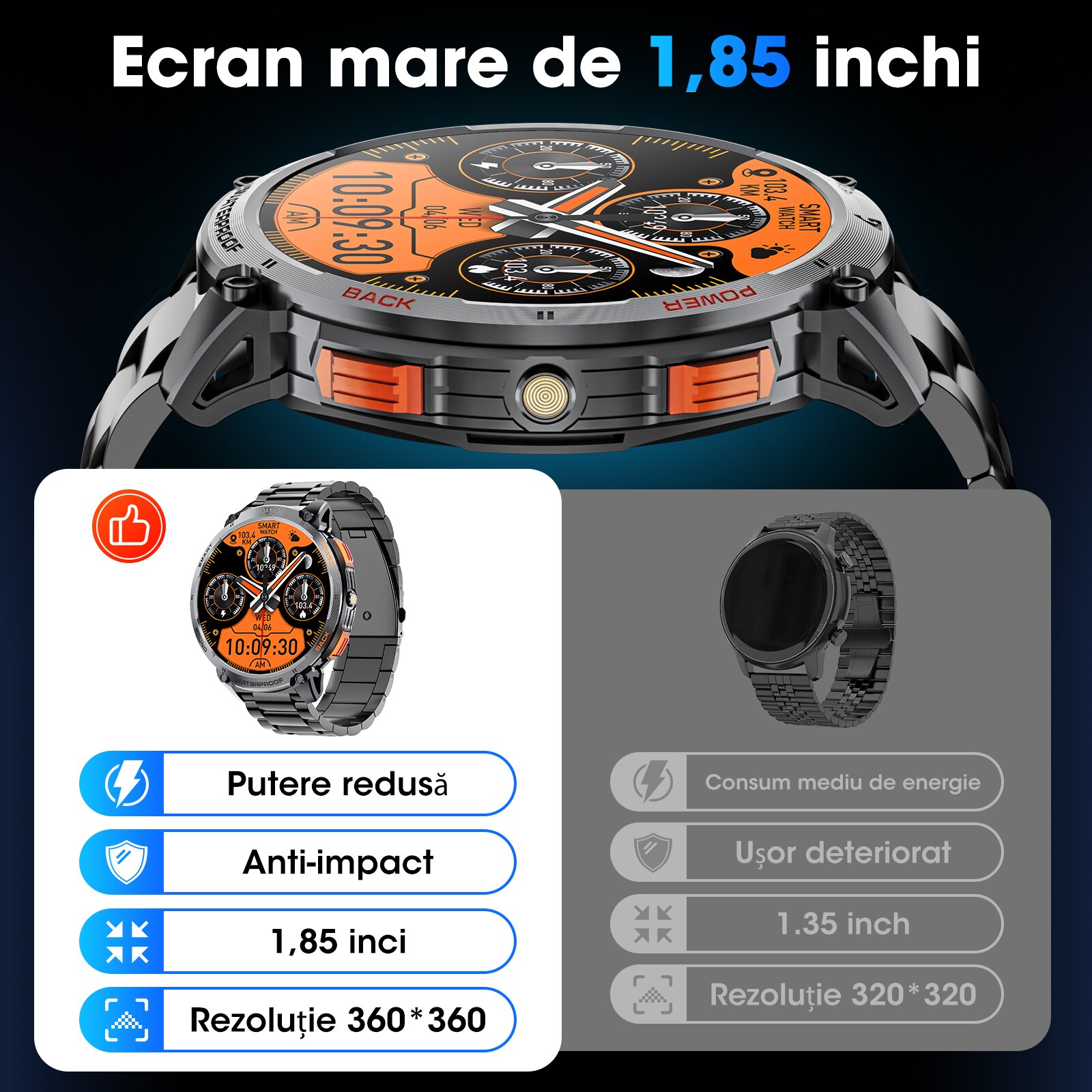 Ceas Smartwatch, Mingtawn, Model K68, ecran de 1, 85 inch, Bluetooth ...