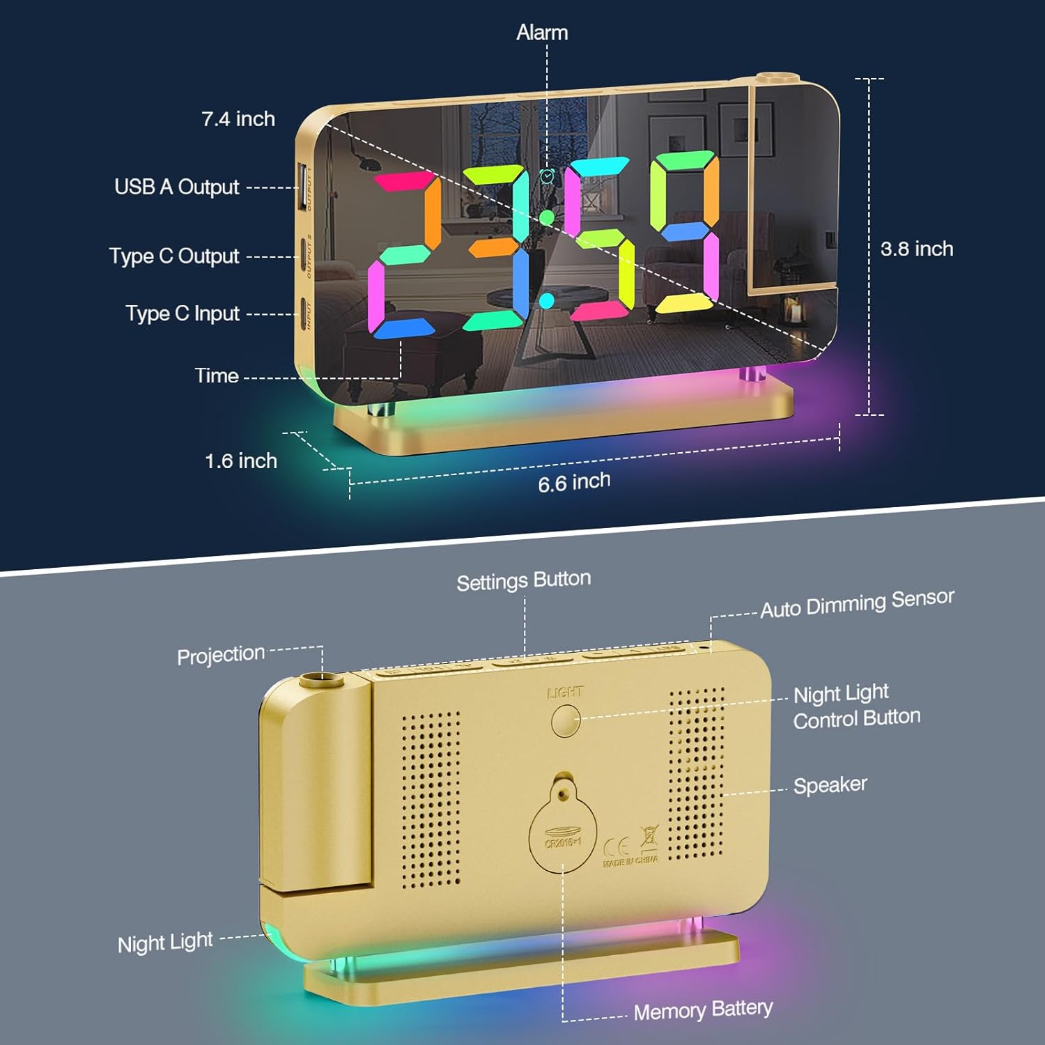 Ceas cu alarma de proiectie, Excitat®, 6.5in cu proiector rotativ la ...