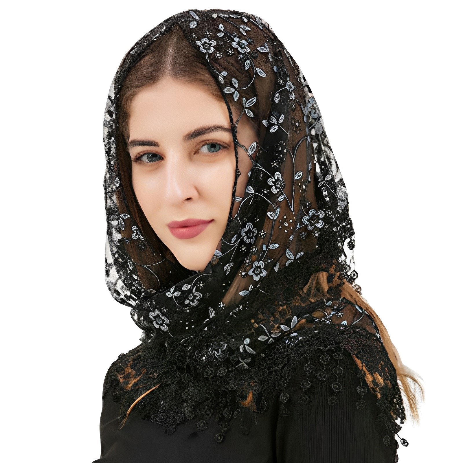 Esarfa triunghiulara, imprimeu floral, Textil, neagra, dimensiune ...