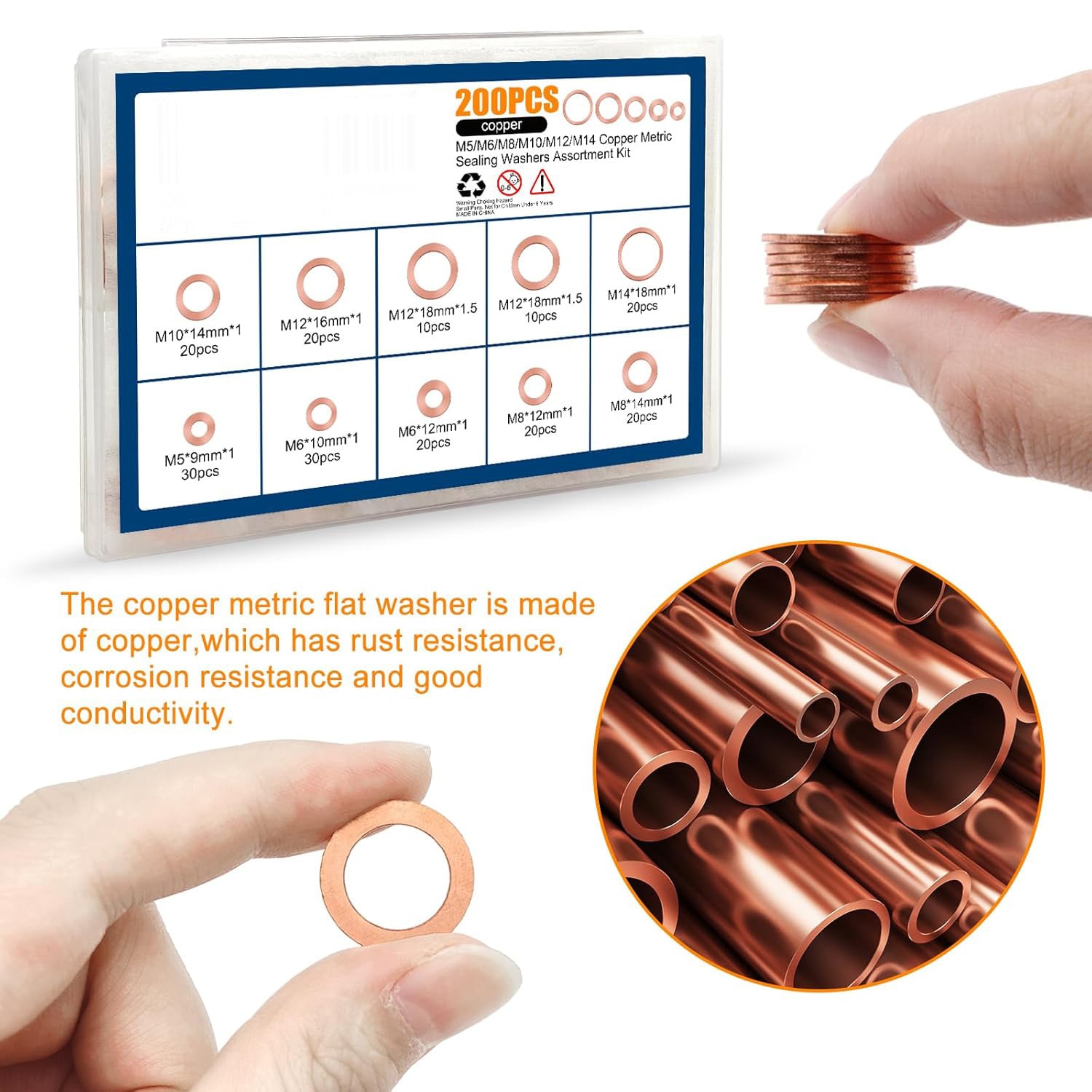 Set 200 saibe plate din cupru, etansare, cutie organizare, 9 marimi, M5 ...