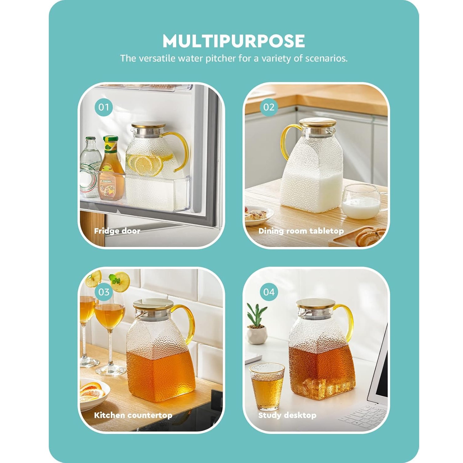 Carafa cu capac metalic, sticla termorezistenta, JENOUS®, pentru apa ...