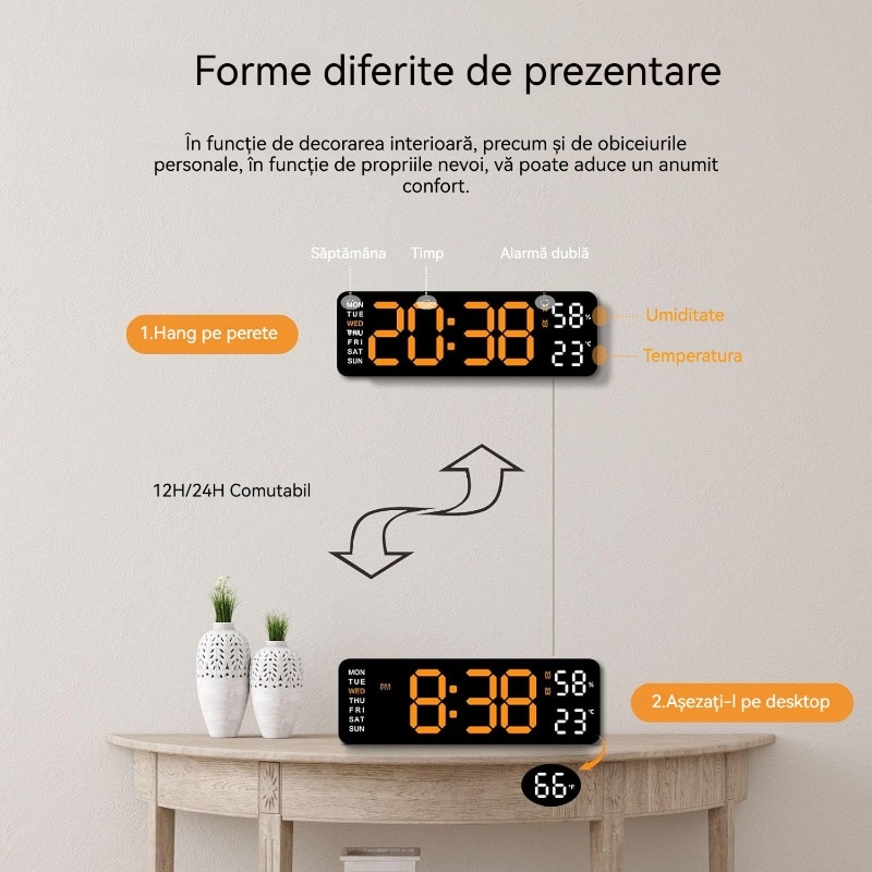 Ceas Digital Perete LED 9" Smart - Afisaj XXL, AjieQaQ, cu Temperatura ...