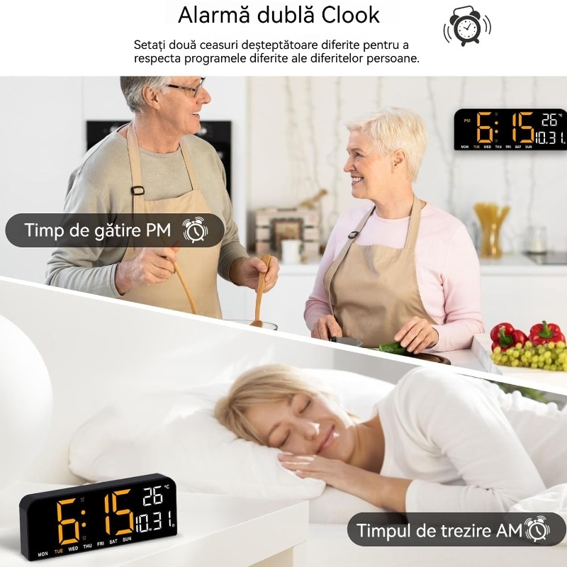 Ceas Digital Perete LED 9" Smart - Afisaj XXL, AjieQaQ, cu Temperatura ...