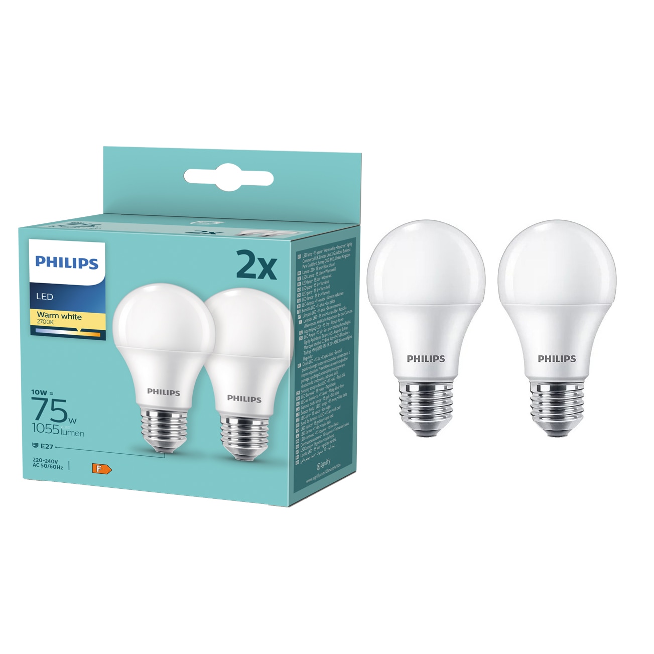 Pachet 2 becuri LED Philips A60, E27, 10W (75W), 1055 lm, lumina alba ...