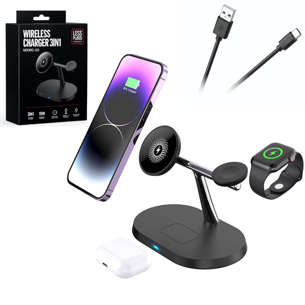 Statie Incarcare Wireless, 3 in 1, 15W, MagSafe, Compatibil iPhone, Air ...