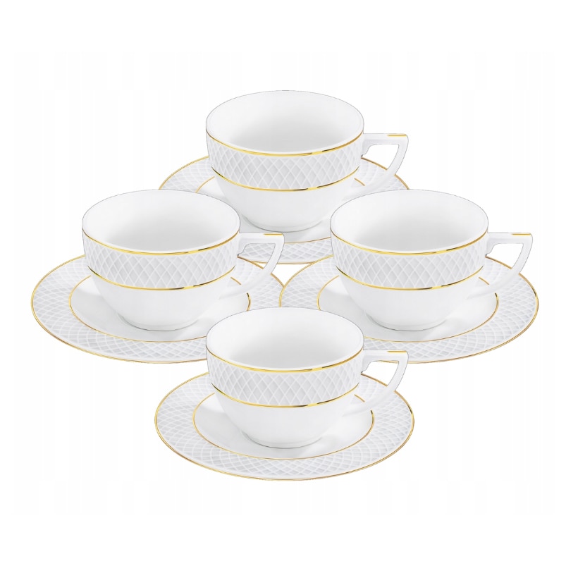 Set cesti cafea lux, Portelan, Alb, 170 ml, 4x Ceasca + 4x Farfurie ...