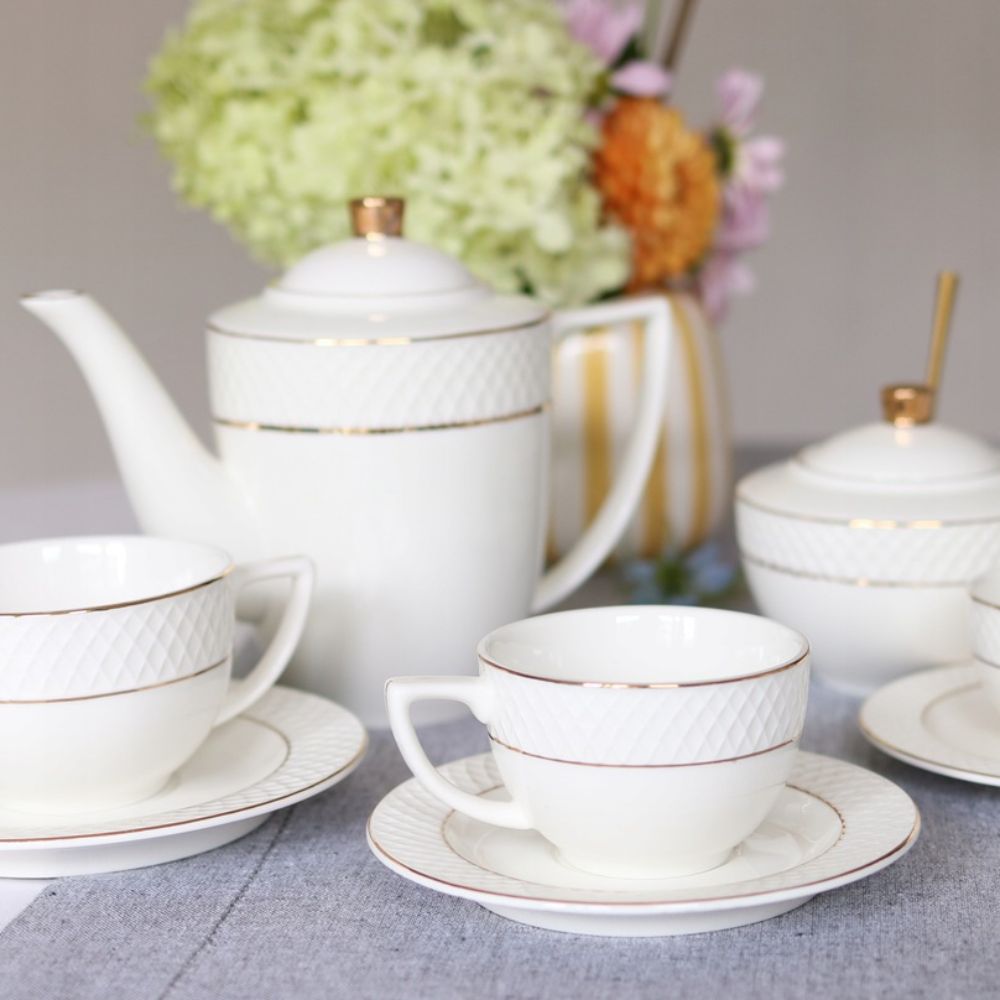 Set cesti cafea lux, Portelan, Alb, 240 ml, Ceasca + Farfurie elegante ...