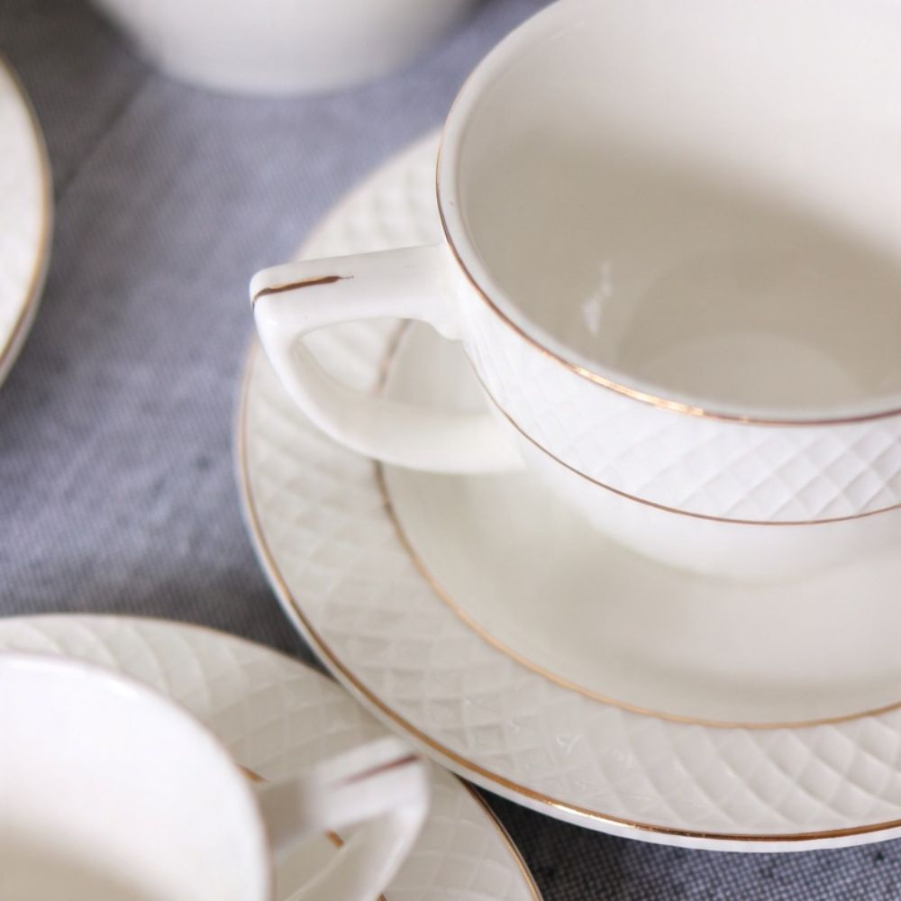 Set cesti cafea lux, Portelan, Alb, 240 ml, Ceasca + Farfurie elegante ...