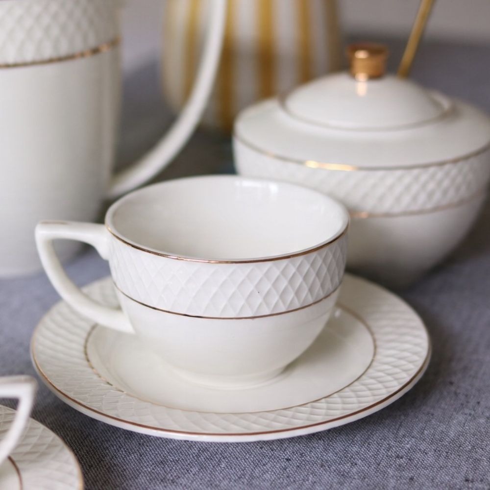 Set cesti cafea lux, Portelan, Alb, 240 ml, Ceasca + Farfurie elegante ...