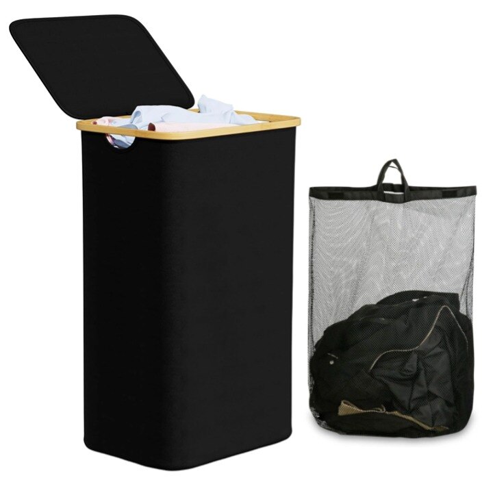 Cos de Rufe pentru Acasa din Bambus si Tesatura, Pliabil, cu Capac si ...