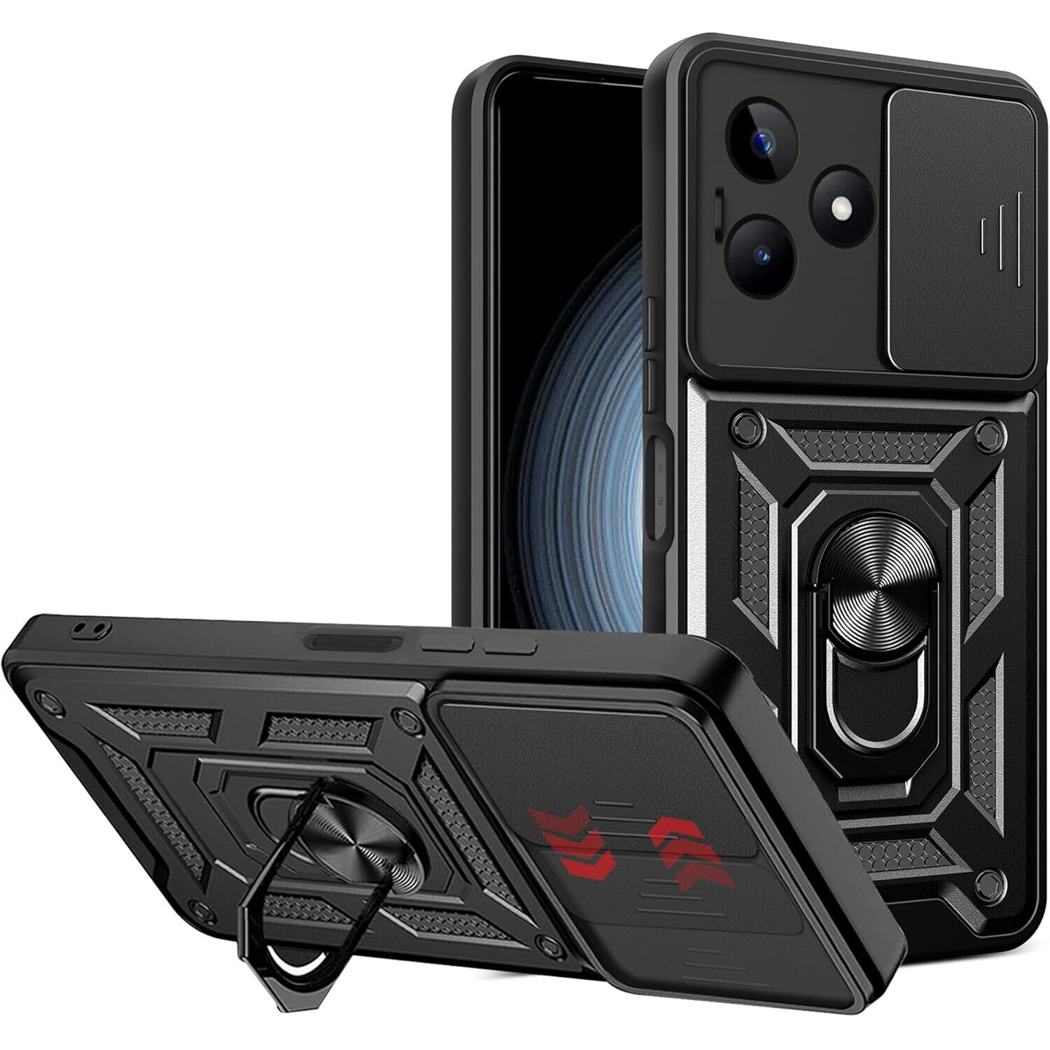 Калъф за Realme C61 Realme C63 Ring Armor Kickstand Tough Rugged Cover с черна защита на ...