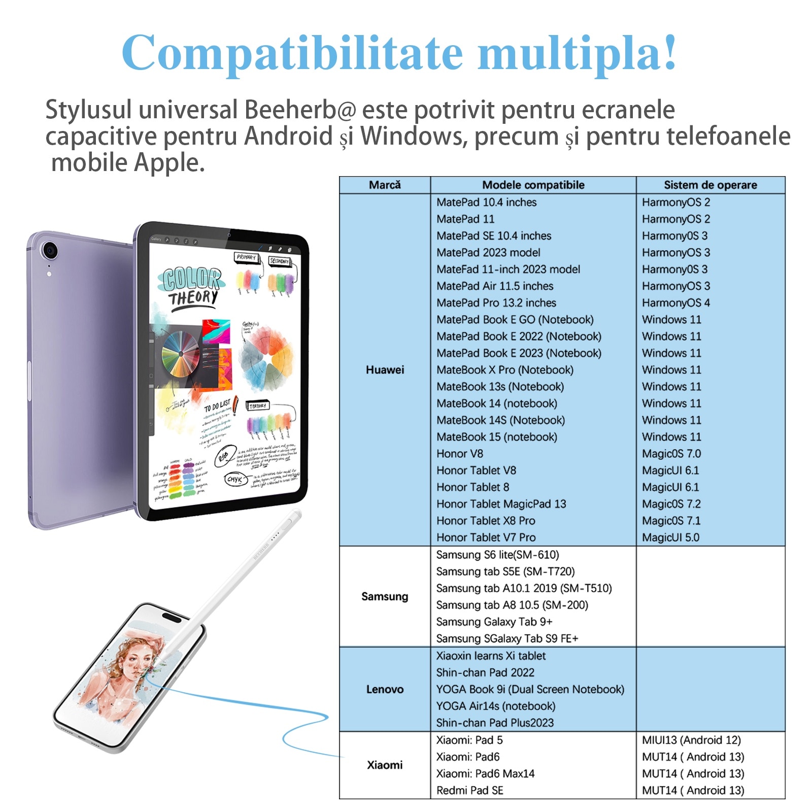 Универсална писалка Stylus, Beeherb, За мобилни телефони или таблети с ...