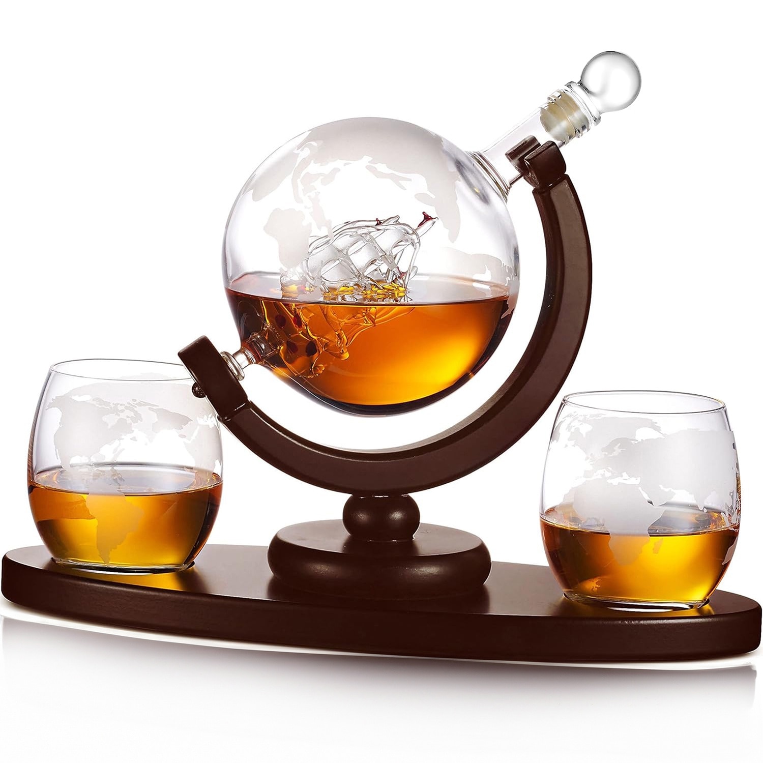 Set Decantor de Whiskey Glob Pamantesc cu 2 Pahare Gravate si Suport ...