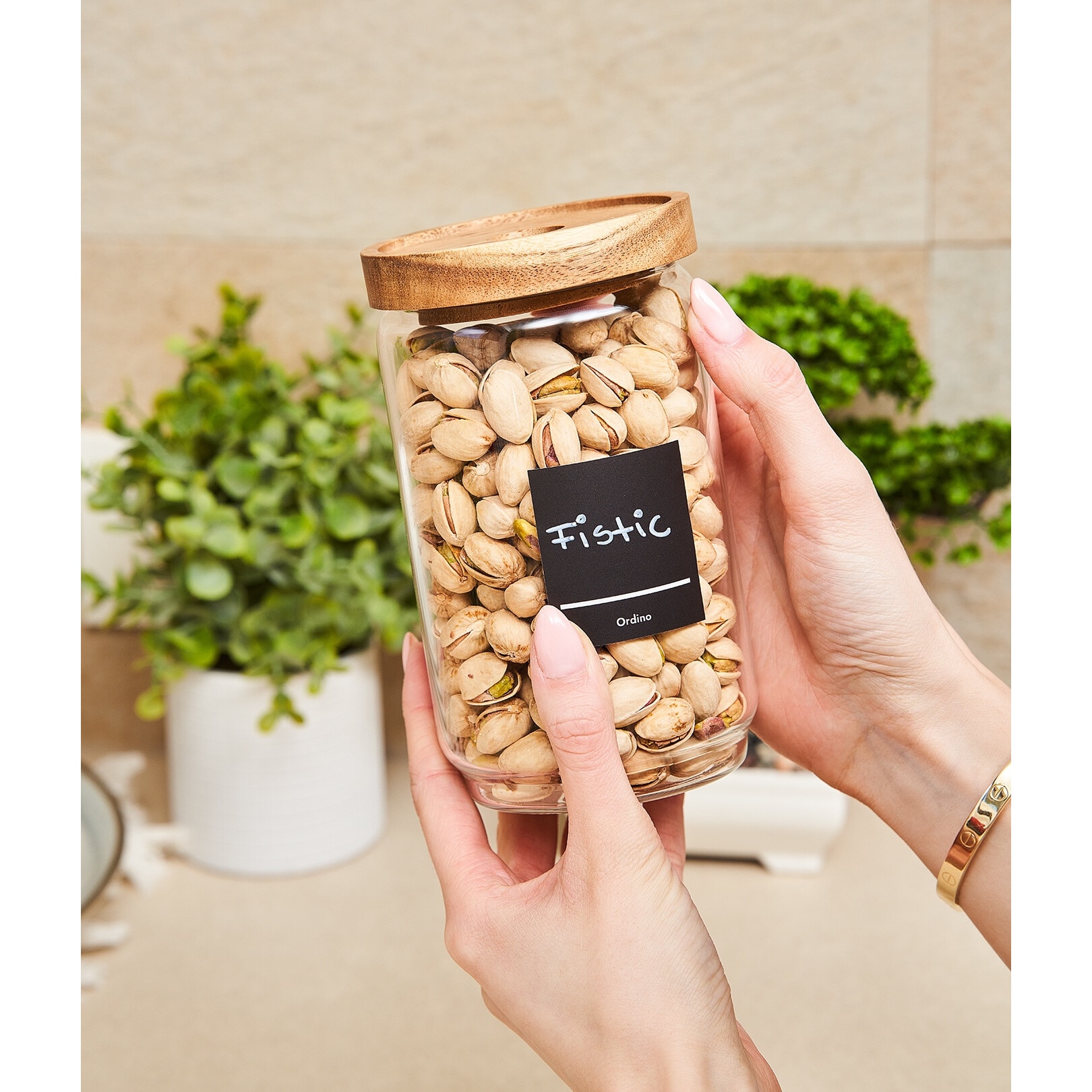 Set 5 recipiente depozitare alimente 0.5l, Ordino, sticla, capac lemn ...