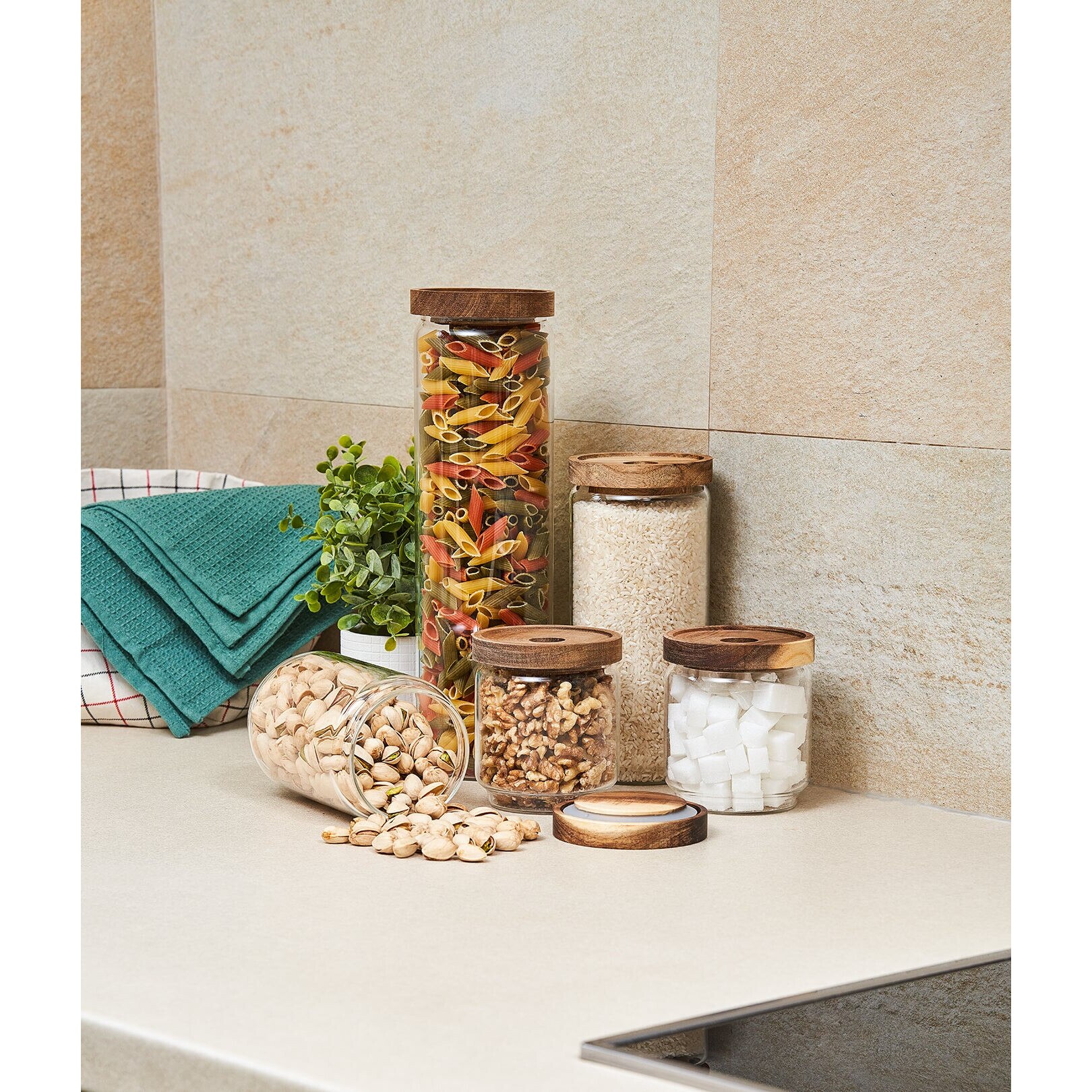 Set 5 recipiente depozitare alimente 0.5l, Ordino, sticla, capac lemn ...