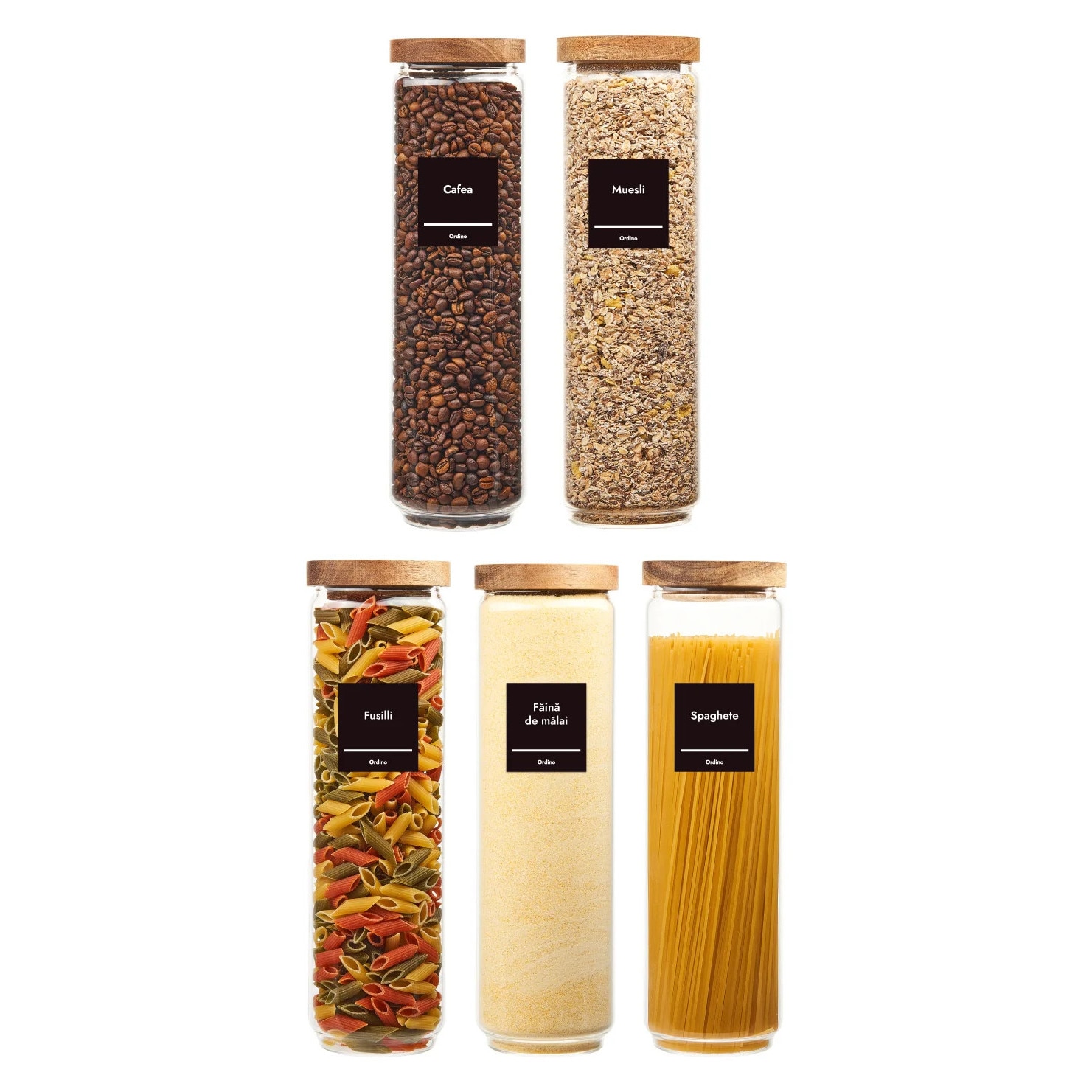 Set 5 recipiente depozitare alimente 1.6l, Ordino, sticla, capac lemn ...