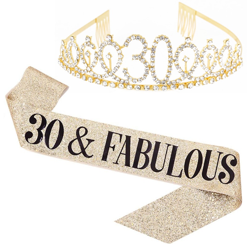 Set sash si tiara cu strasuri "30 & FABULOUS", alb cu litere aurii ...
