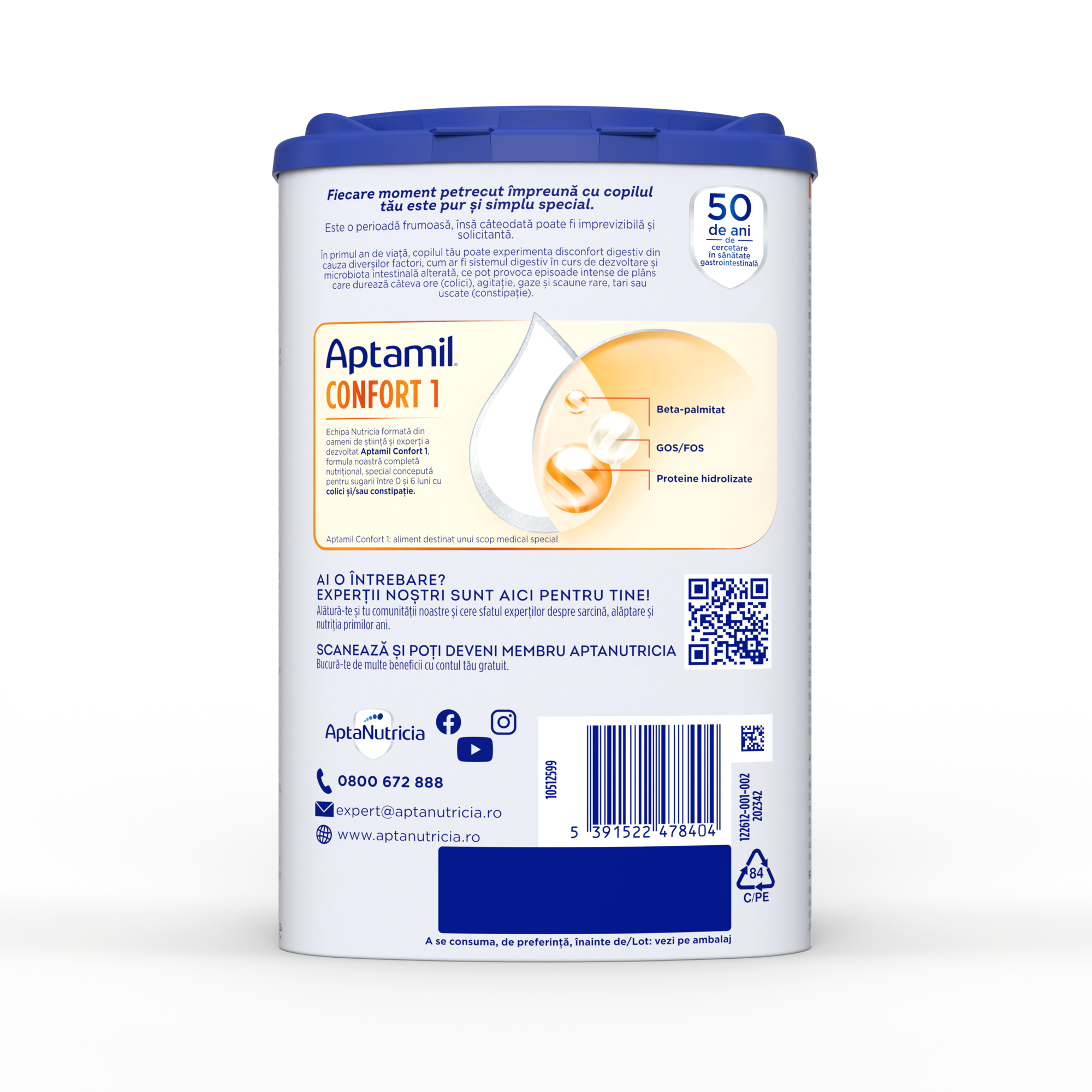 Lapte praf Aptamil Confort 1, 800g, de la nastere, Nutricia - eMAG.ro