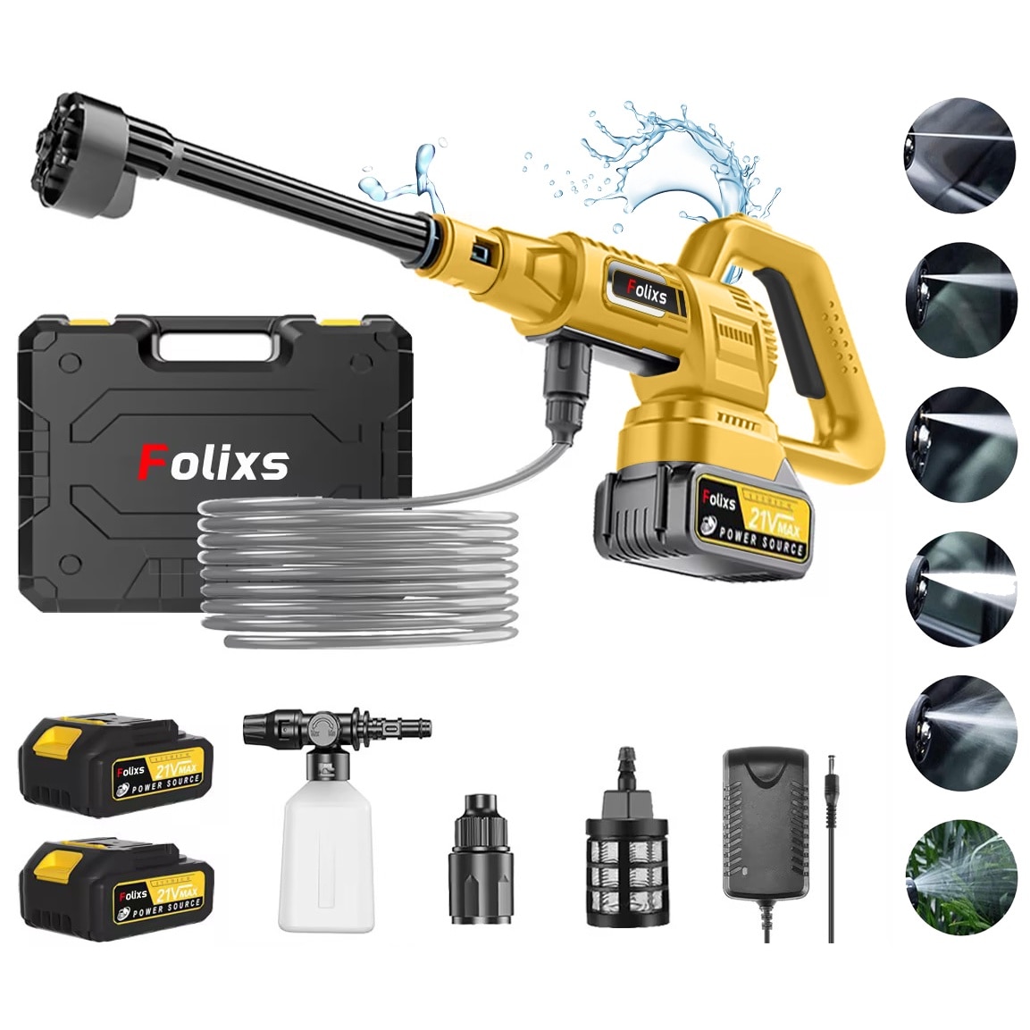 Aparat de spalat cu presiune fara fir, Folixs®, Duza 6 in 1, 600W, 5L ...