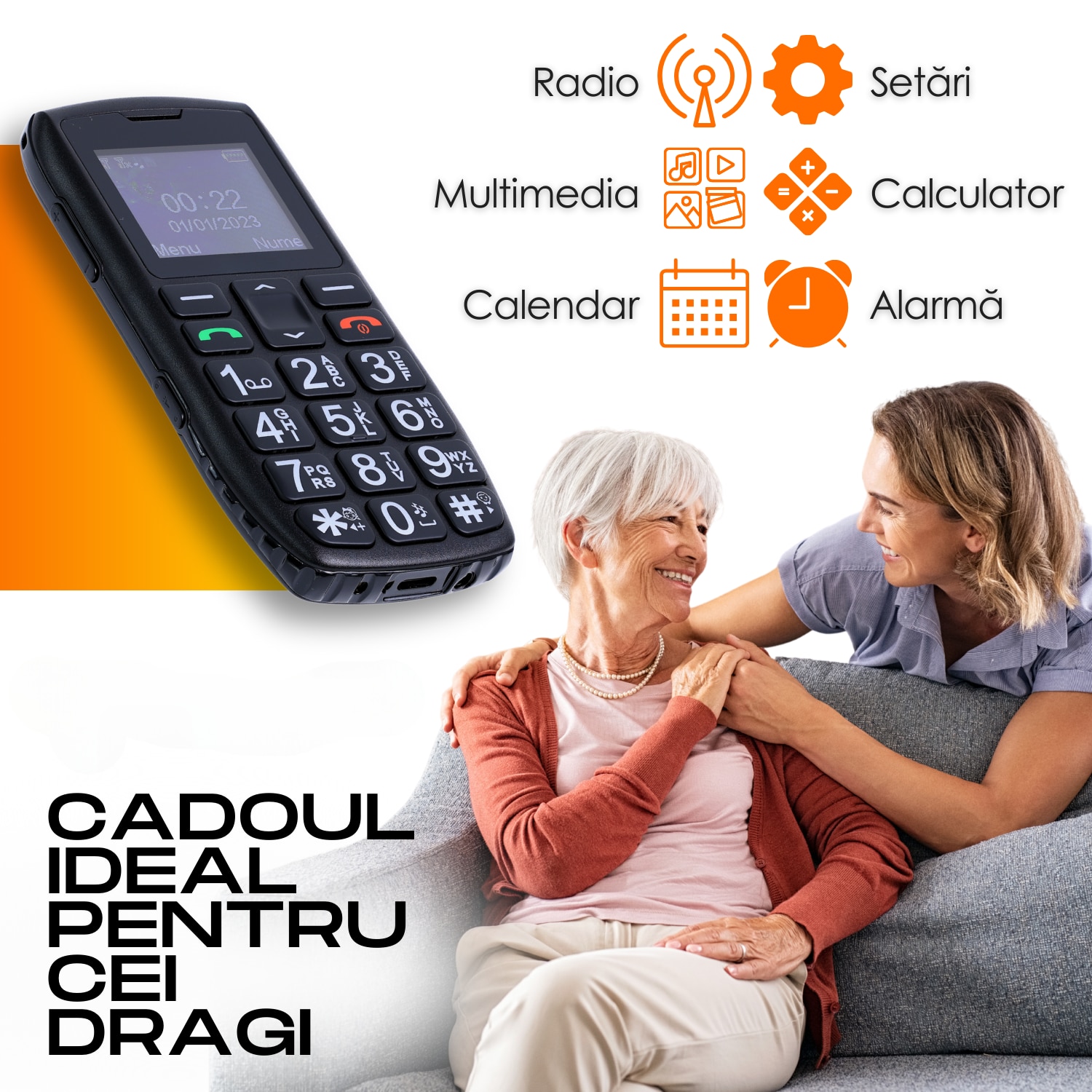 Telefon mobil pentru seniori, cu meniul in limba Romana, Stand pentru ...
