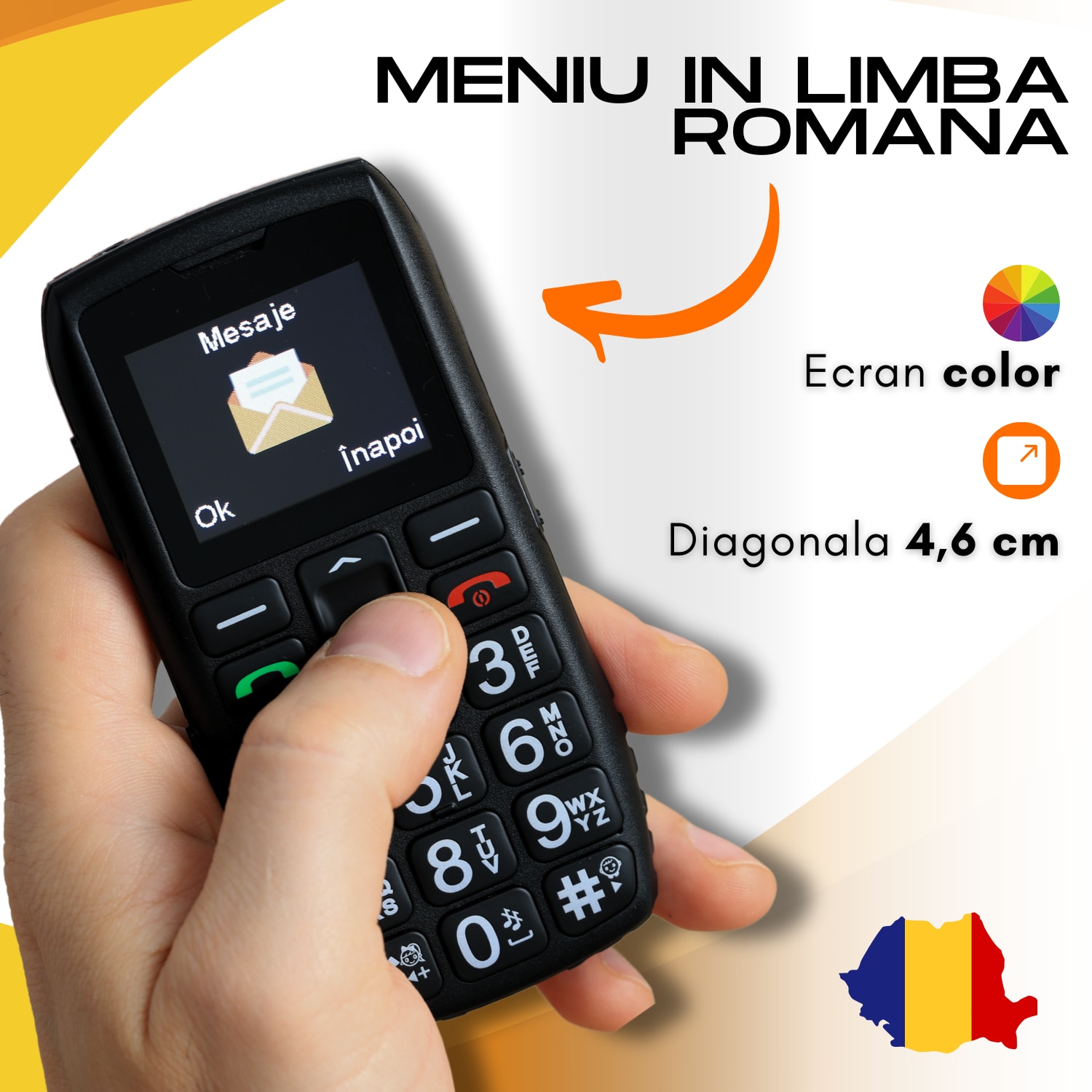 Telefon mobil pentru seniori, cu meniul in limba Romana, Stand pentru ...
