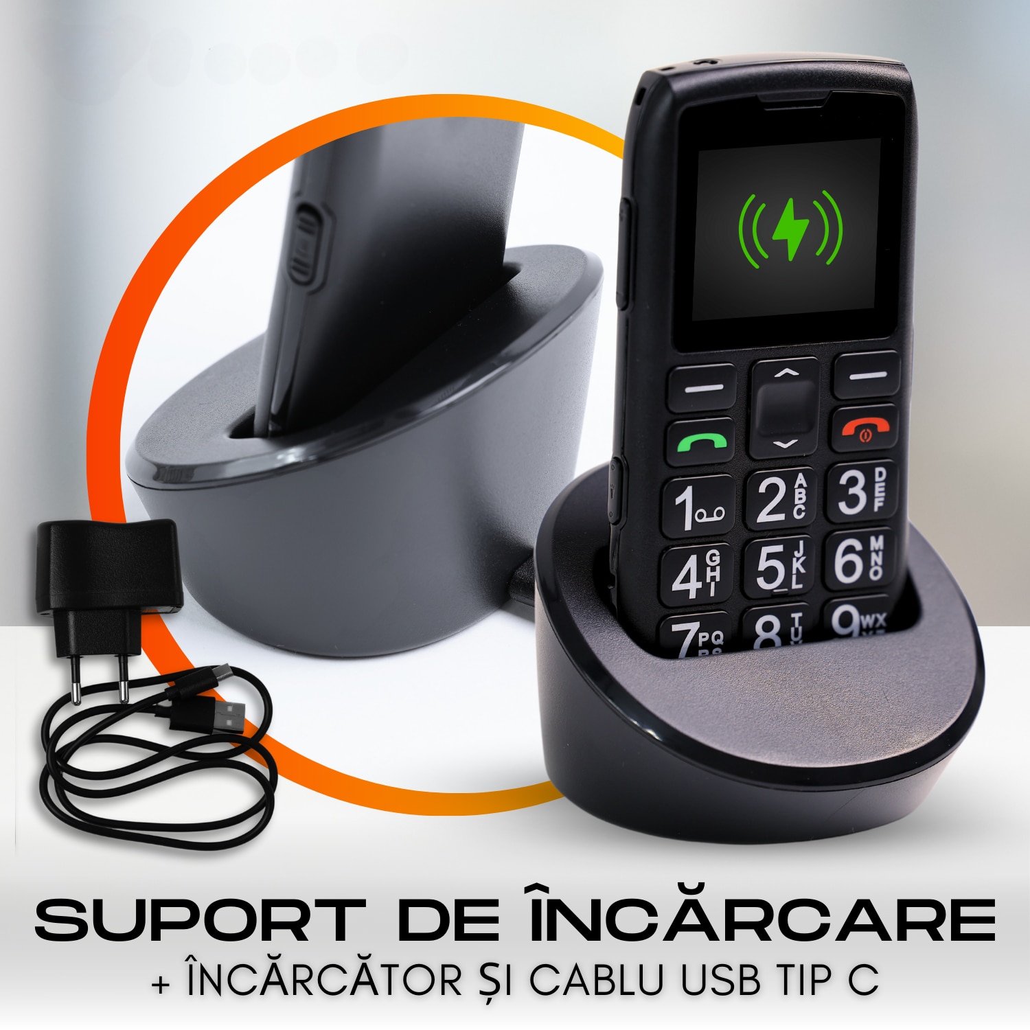 Telefon mobil pentru seniori, cu meniul in limba Romana, Stand pentru ...