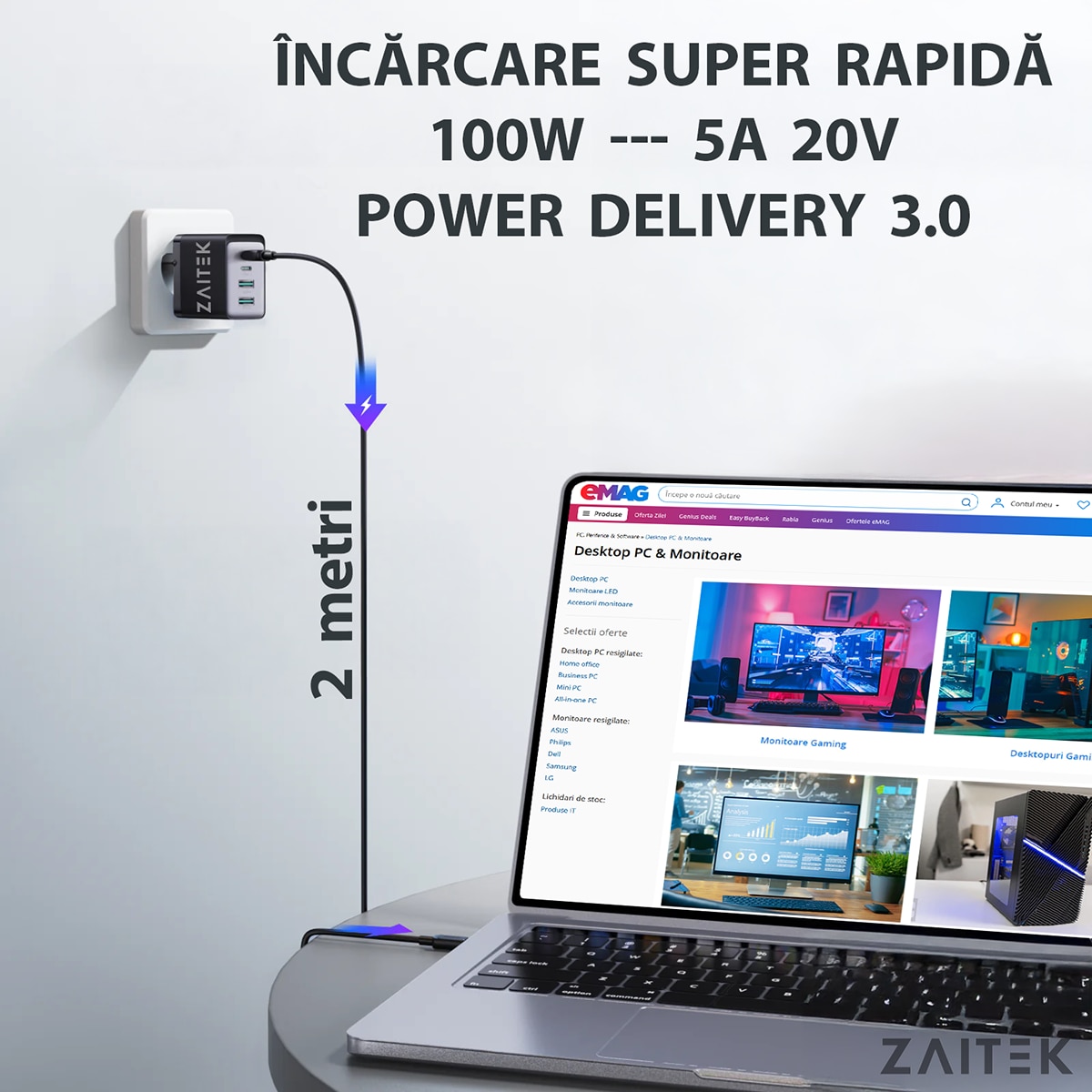 Cablu USB-C la USB-C, Incarcare Super Rapida 100W PD 3.0 PRO, Android ...