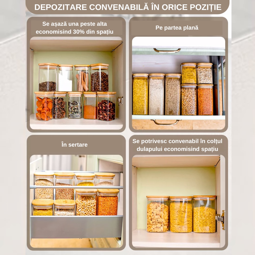 Set 5 Recipiente sticla, etanse, cu capac bambus pentru depozitare ...